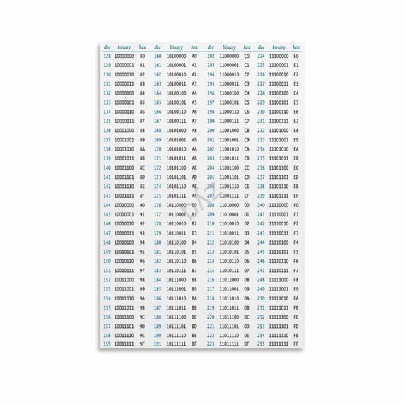Decimal Binary Octal Hex ASCII Conversion Chart Poster (8) Canvas for ...