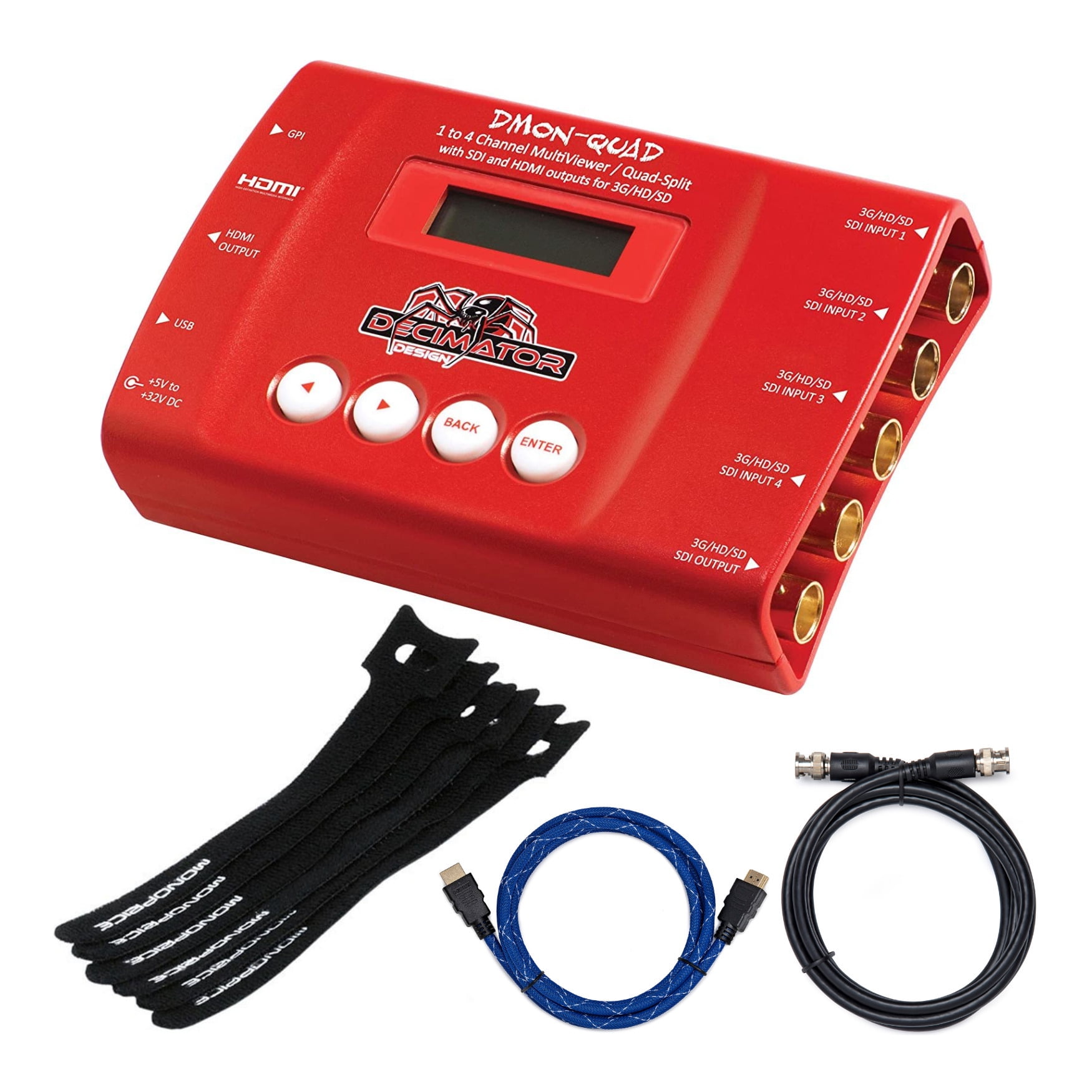 Decimator DMON-QUAD 4-Channel 3G-SDI Multiviewer with Accessory Bundle ...