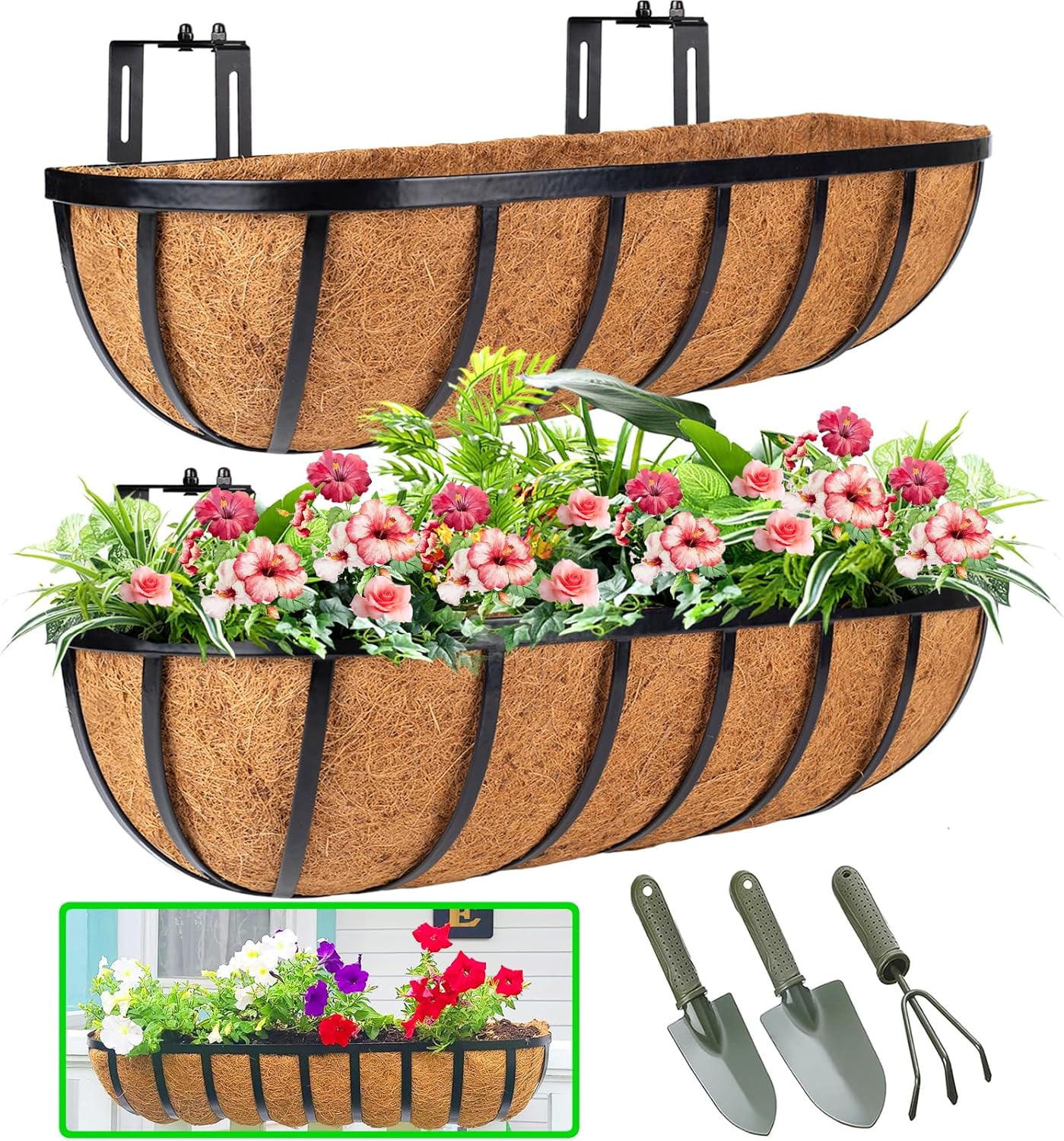 Deck Balcony Railing Planter Window Boxes - 2 Pack 24 Inch Railing ...
