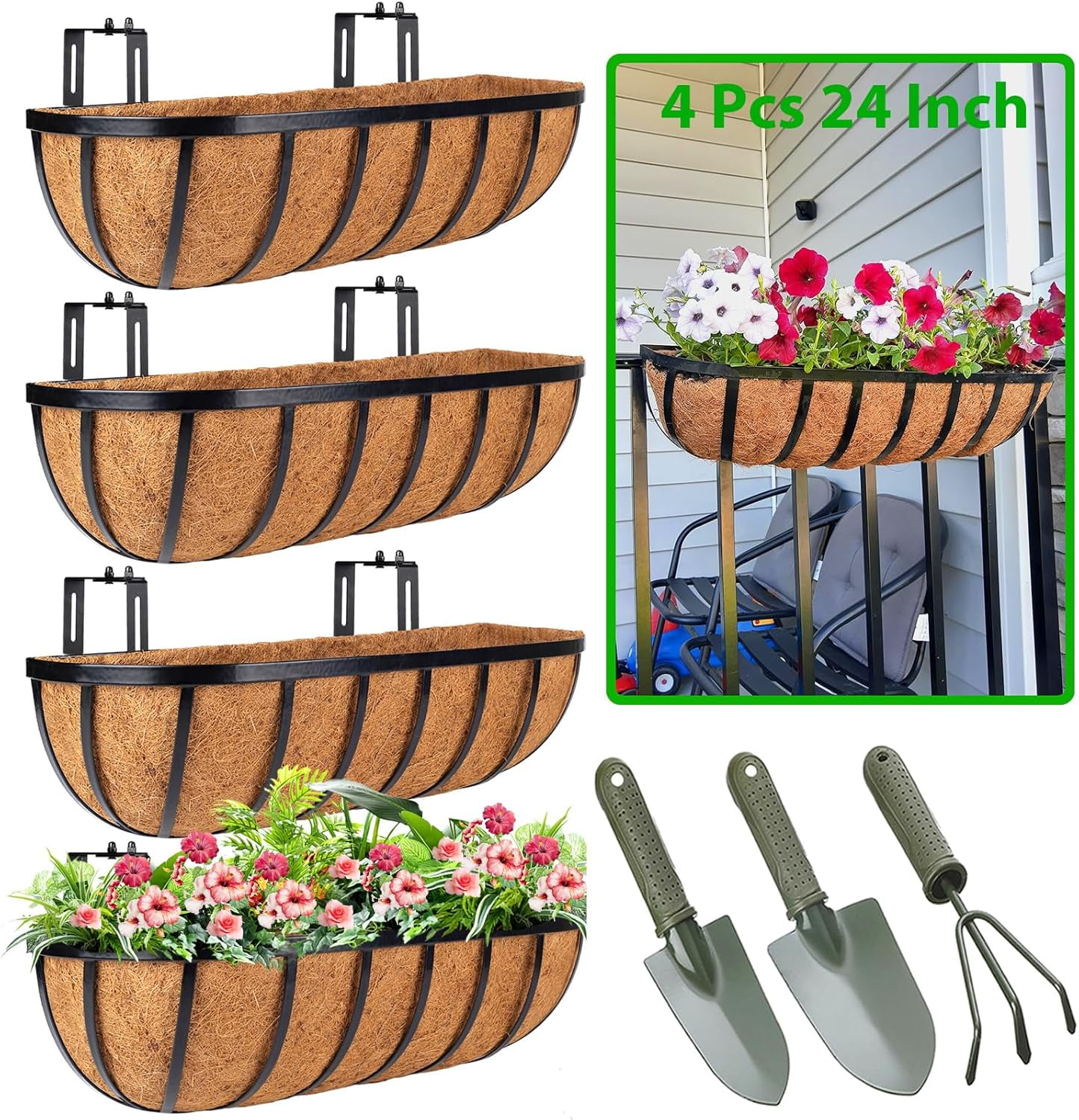 Deck Balcony Railing Planter Window Boxes - 4 Pack 24 Inch Railing ...