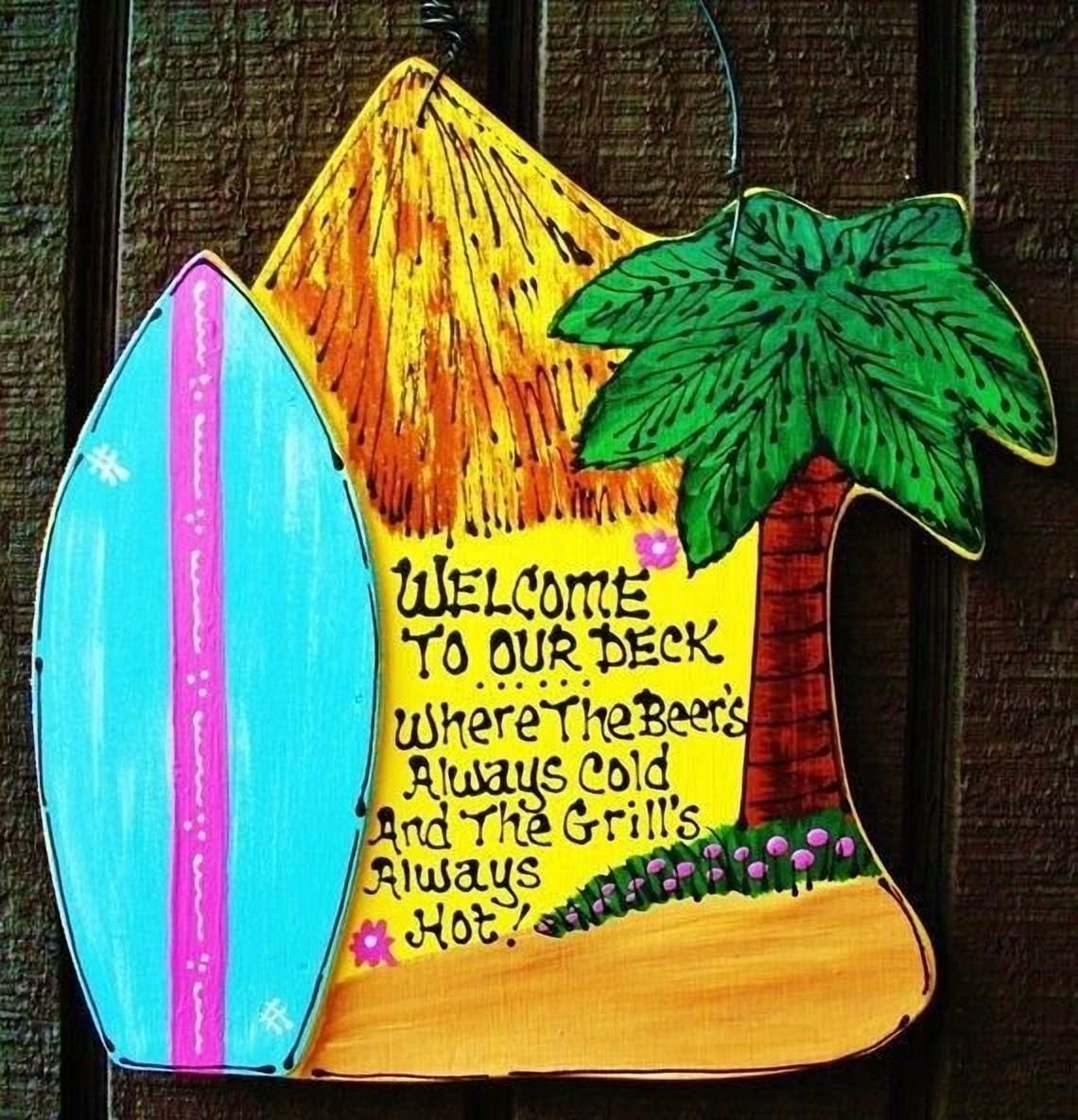 Deck Beer & Grill Sign Surfboard Tiki Bar Hot Tub Pool Patio Backyard ...