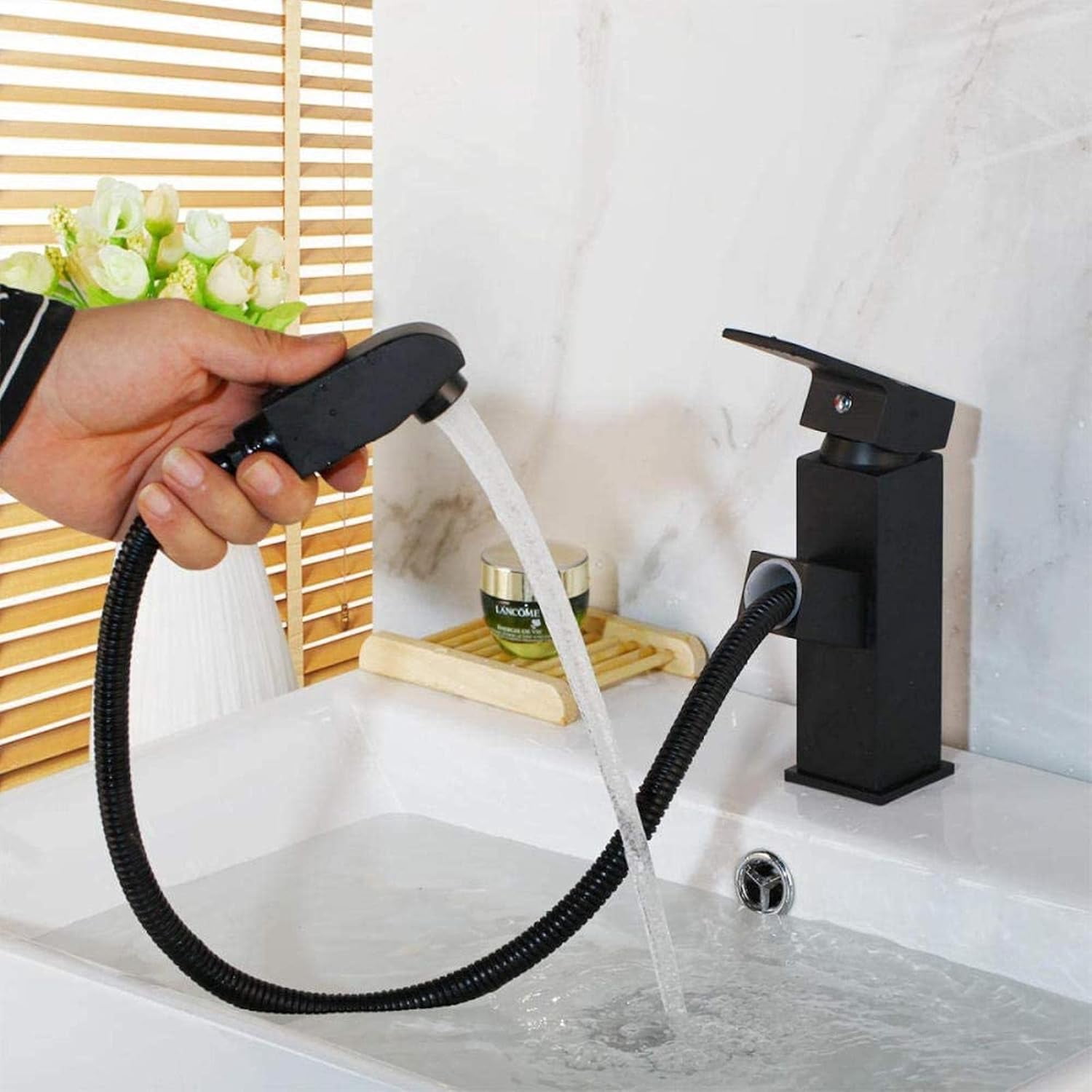 Deck Mounted Pull Out Bathroom Faucet Hot and Cold Water Mixer Crane ...