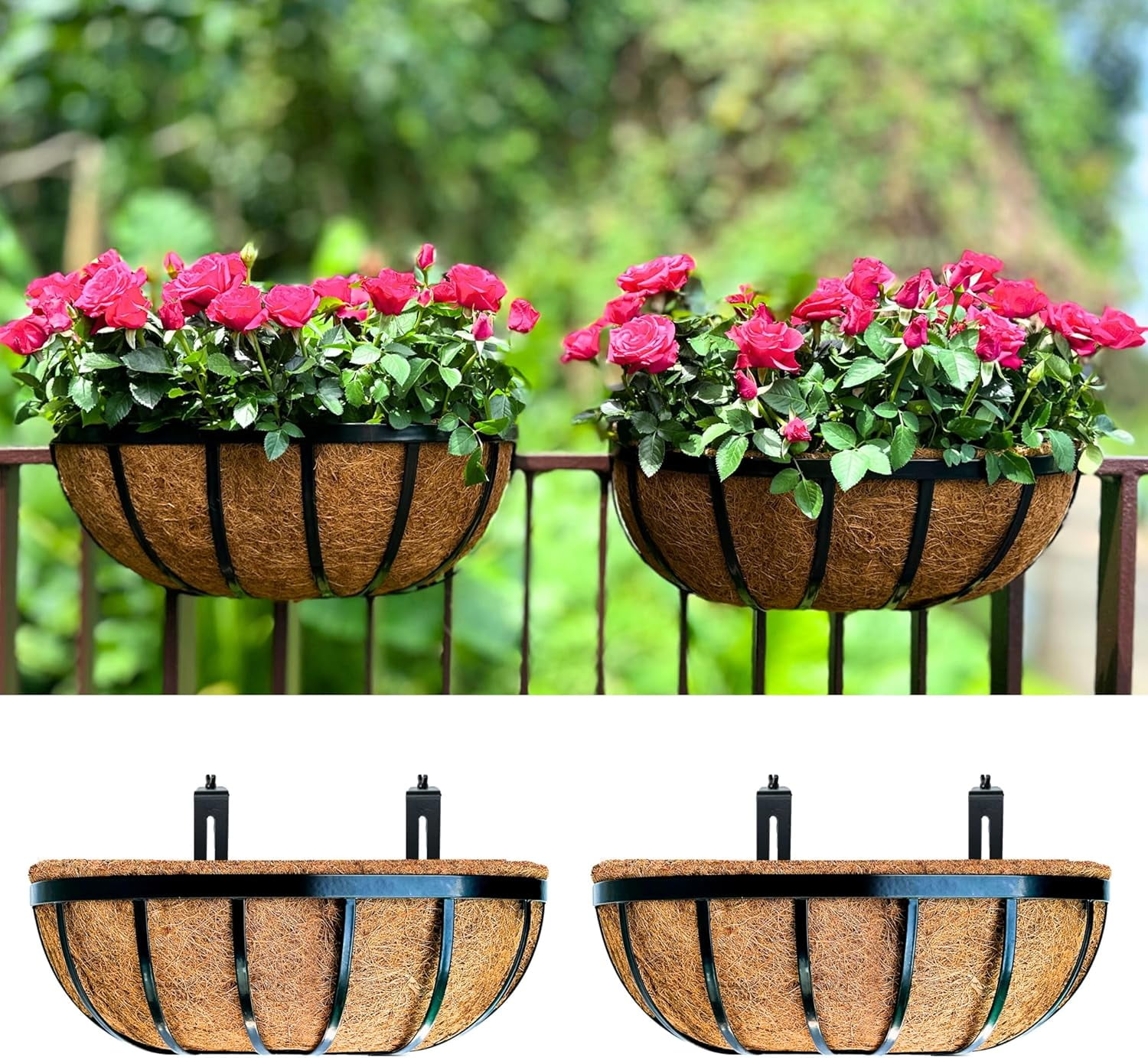 Deck Railing Planter Boxes (16 Inch, 2 Pack) Black Metal Rectangular ...