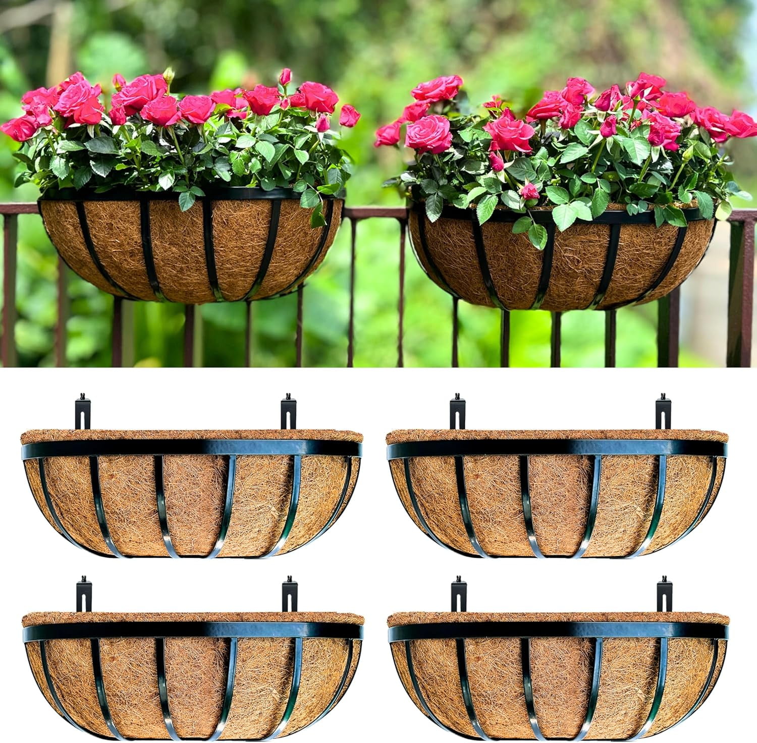 Deck Railing Planter Boxes (16 Inch, 4 Pack) Black Metal Rectangular ...