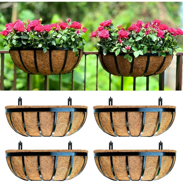 Deck Railing Planter Boxes (16 Inch, 4 Pack) Black Metal Rectangular Hanging Planters with Coco ...