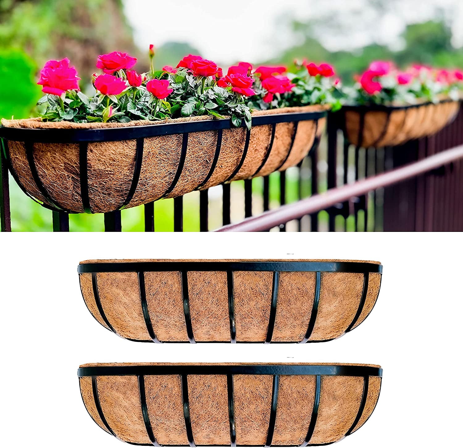 Deck Railing Planter Boxes for Plants (24 Inch, 2 Pack) Black Metal ...