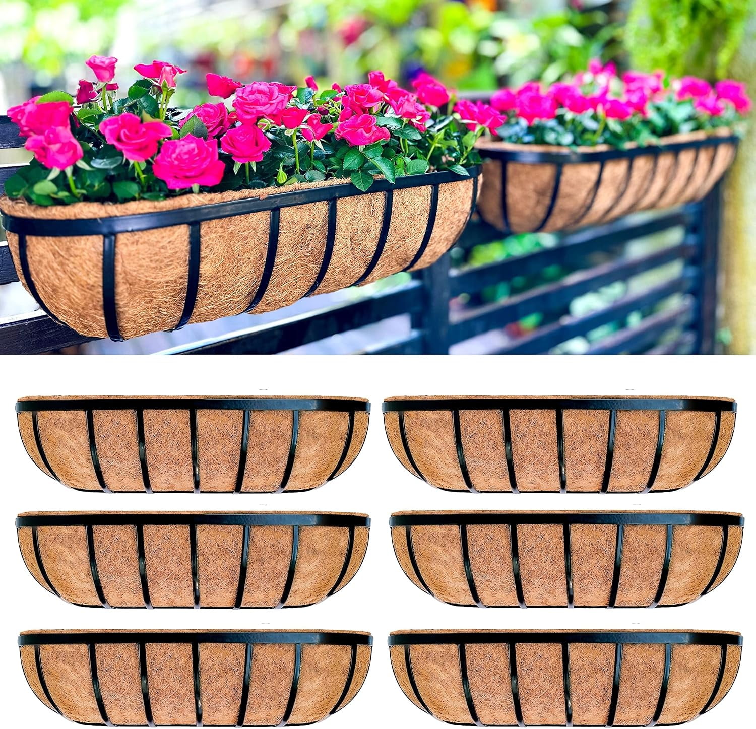 Deck Railing Planter Boxes for Plants (6 Pack, 24 Inch) Metal Wall ...