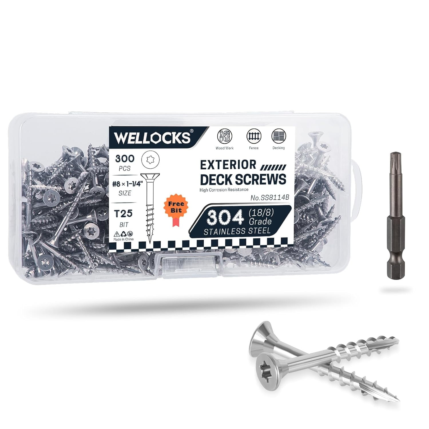 Deck Screws 304 Stainless Steel #8×1-1/4" 300 PCS with T25 Star Torx ...