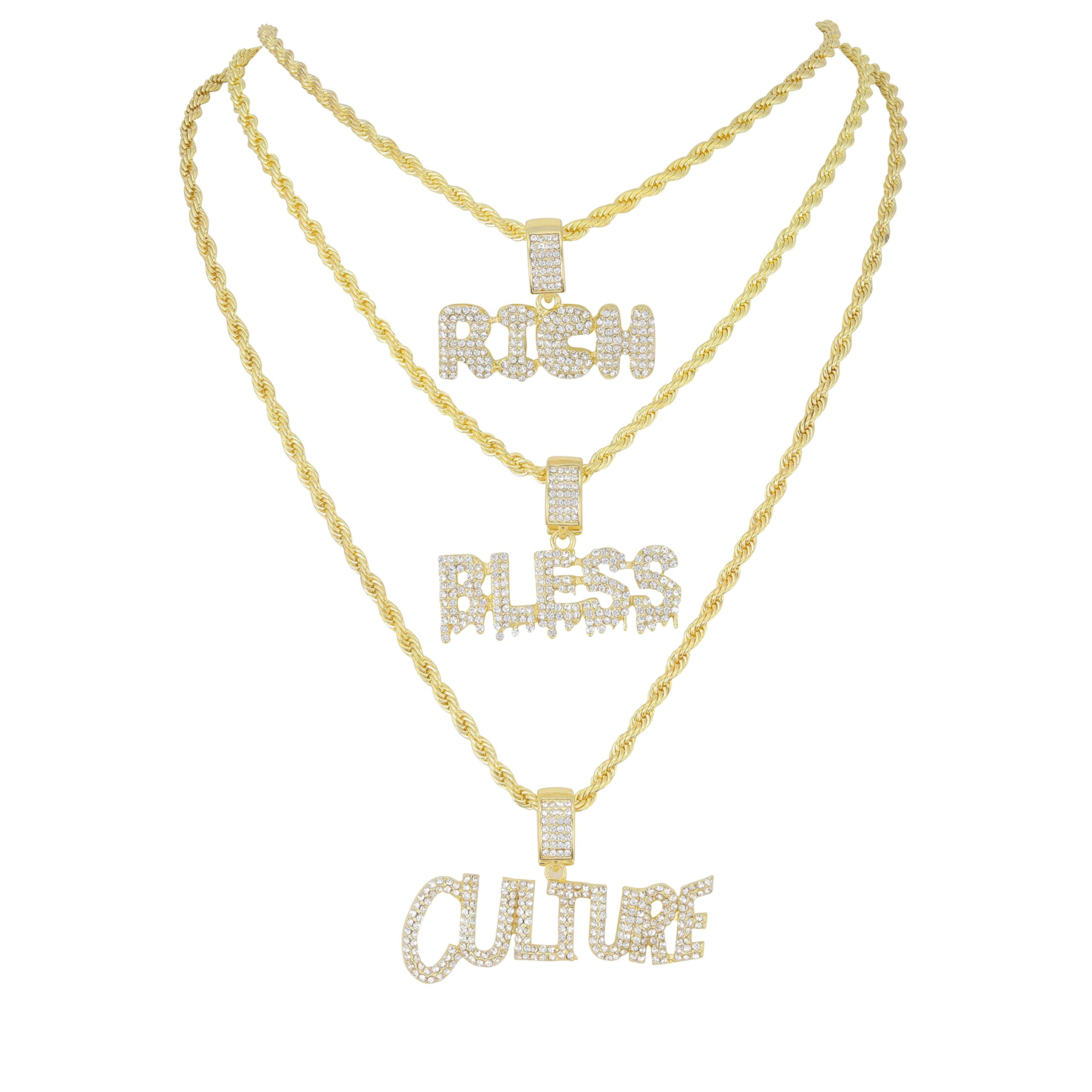 Deck Your Neck with This Iced Out Selection of Layered Hip Hop Word Pendents on Twisted Rope ...