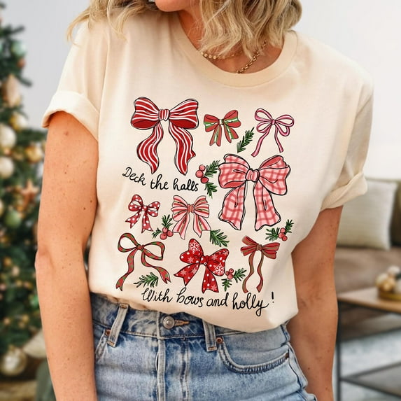 Deck the Halls Christmas T-Shirt | Bows and Holly Holiday Graphic Tee - Walmart.com
