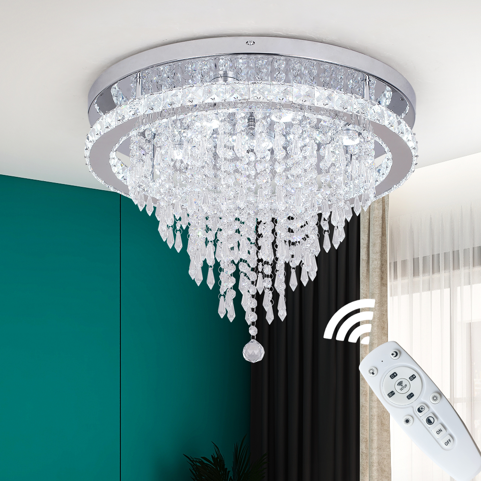 FINE MAKER 42" Crystal Ceiling Fan with Light Remote Chandelier with ...