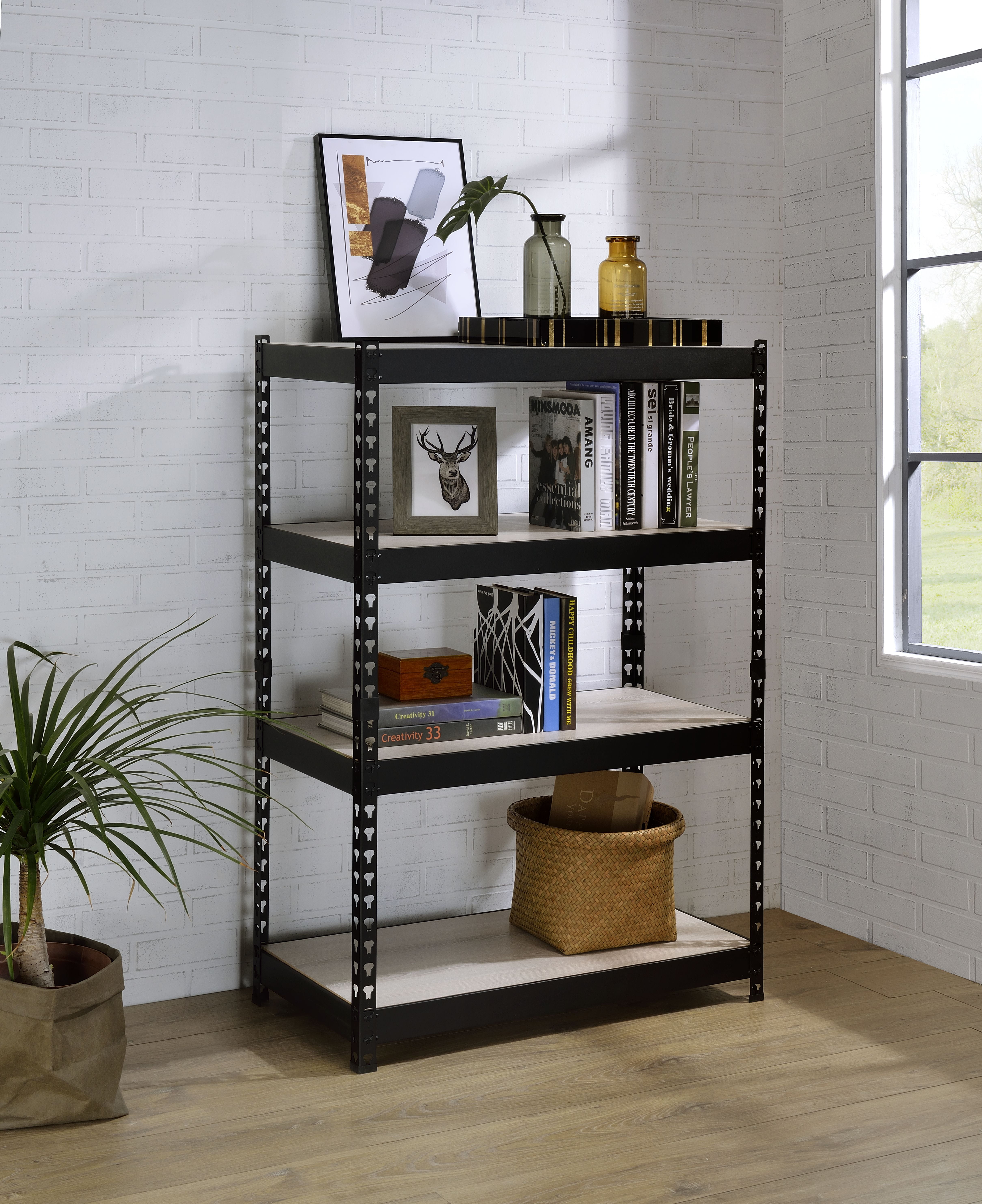 Decmus 4 Tier Bookshelf - Metal MDF Bookshelf - Natural Black Finish ...
