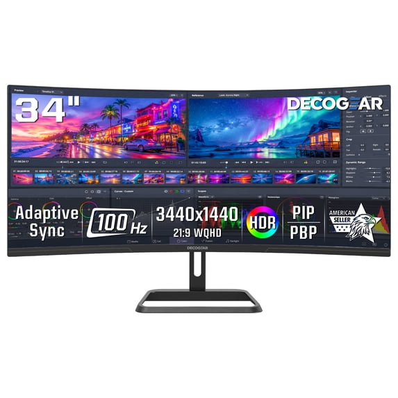 Deco Gear 34 Inch Curved Ultrawide Monitor, 3440√ó1440, 100Hz, HDR, 99% ...