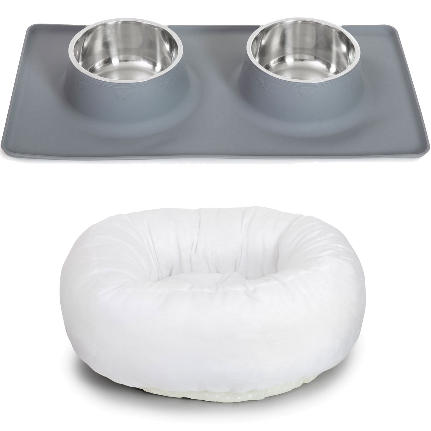 Deco Pet Plush Pet Comfort Bed with Dual Stainless Steel Food/Water ...