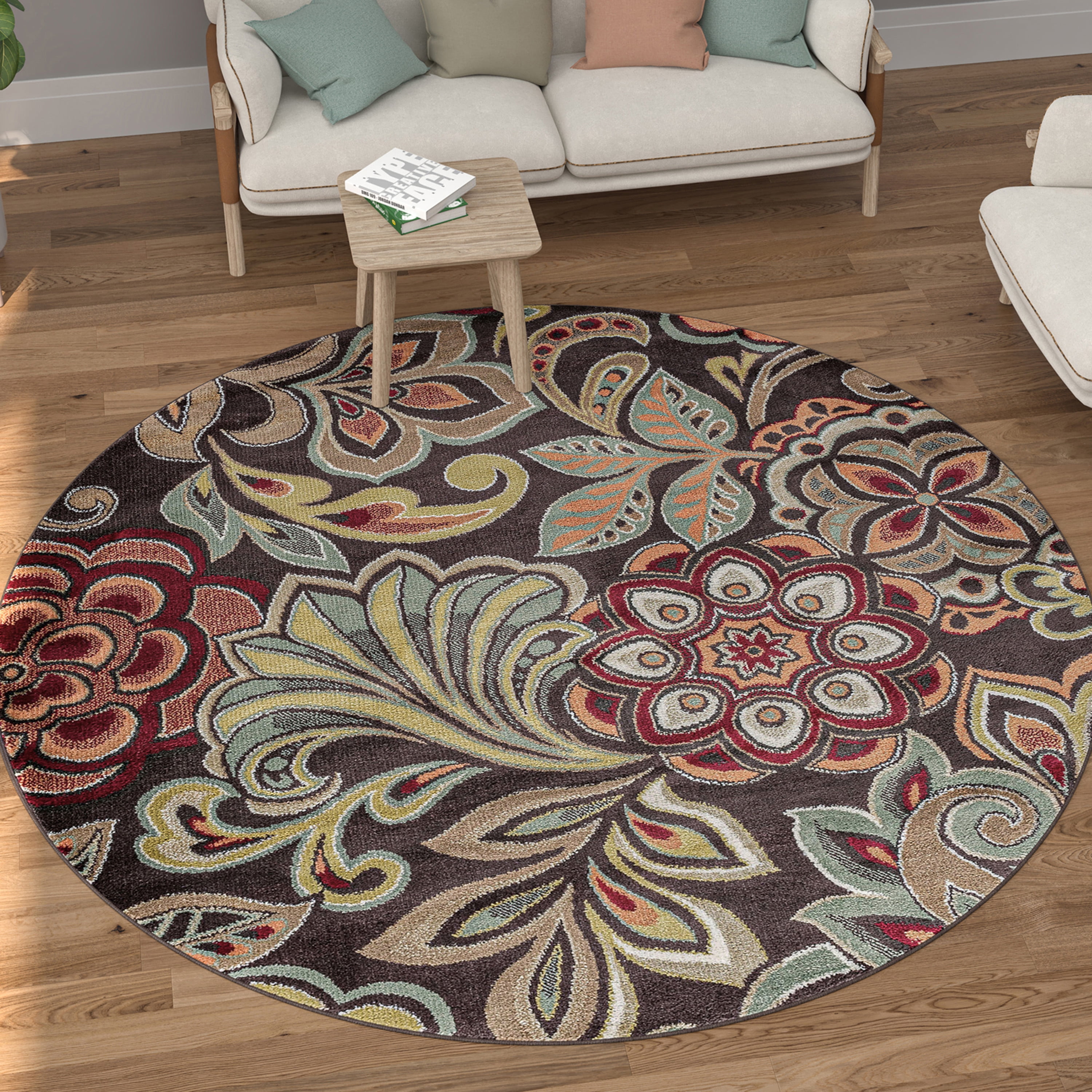 Polypropylene Deco 8 Round Brown & Red Area Rug - Walmart.com