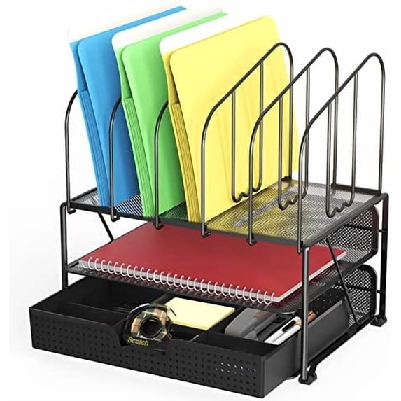 DecoBros Mesh Desk Organizer with Double Tray, 5 Upright Sections and ...