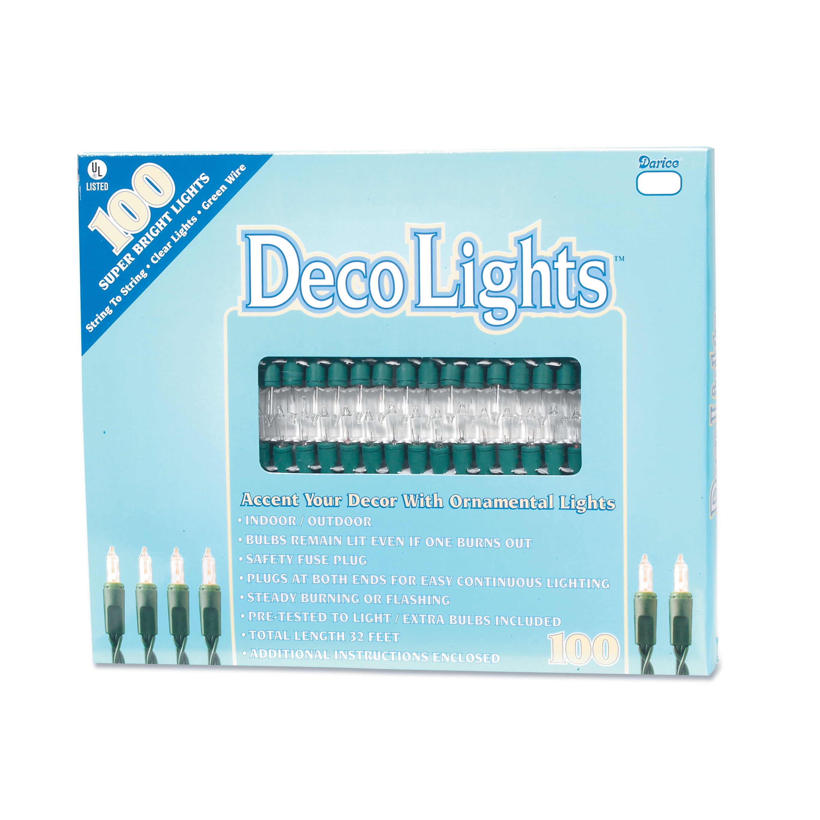 DecoLights 100 Clear Lights on Green Strand, 32 Feet Long - Walmart.com
