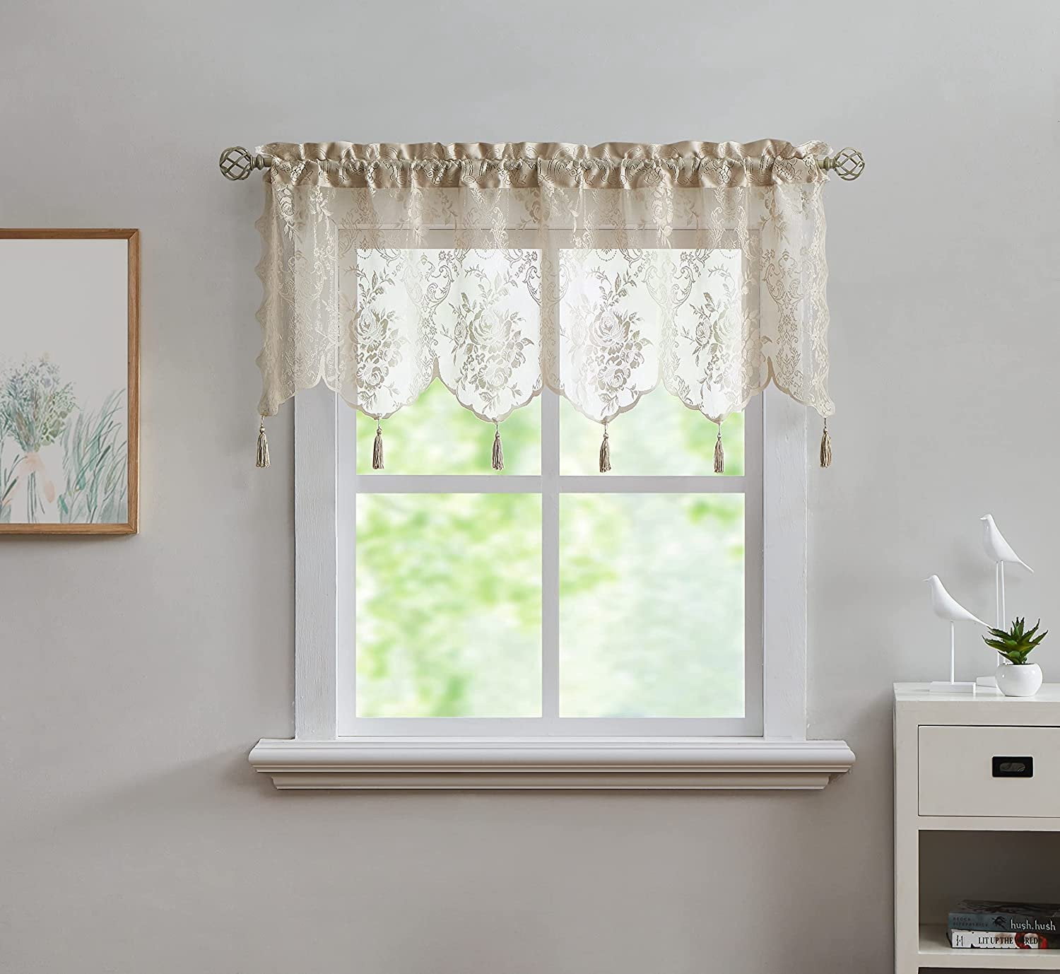 DecoSource - English Rose Design - Lace Semi Sheer Voile Valance Rod ...