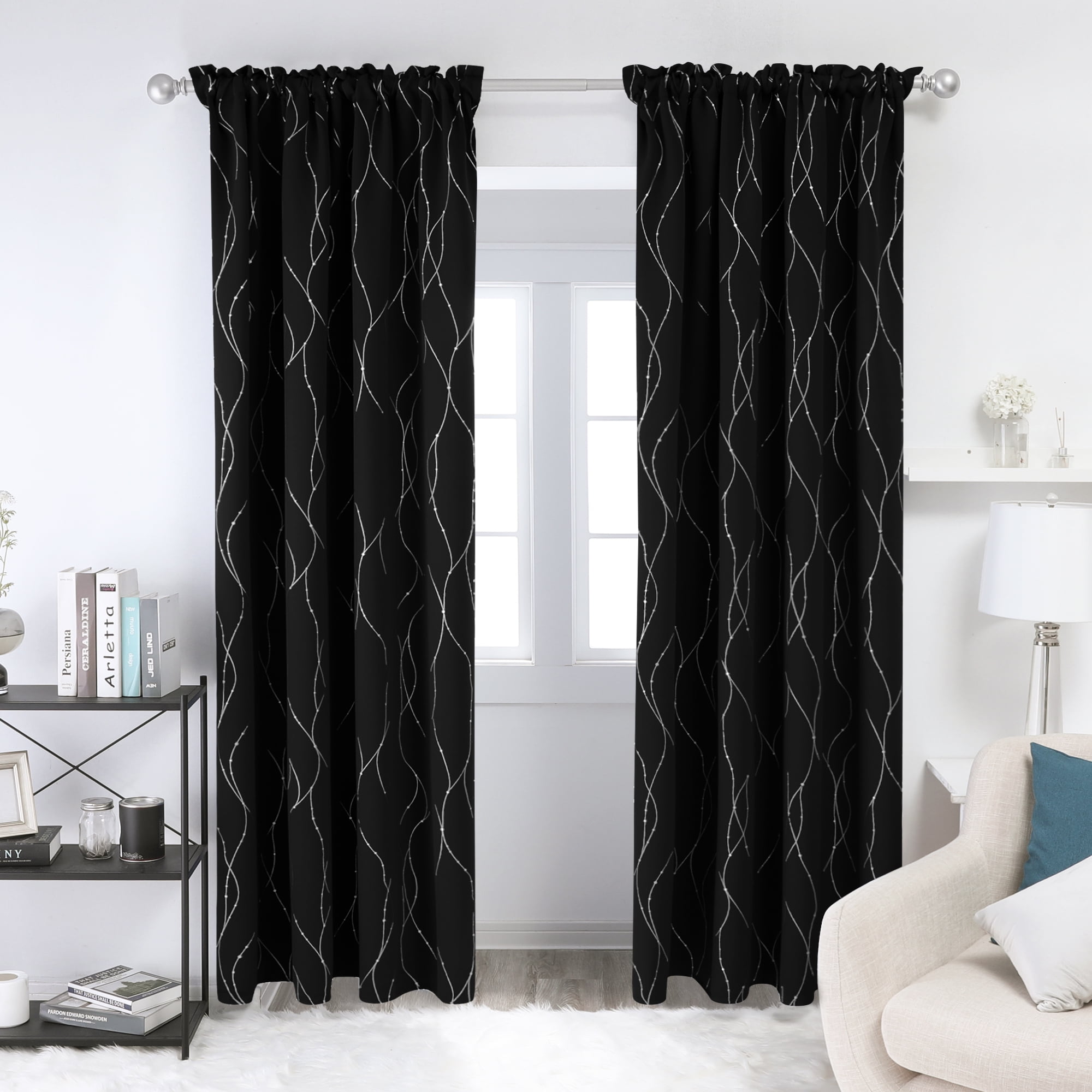 Deconovo Blackout Curtains 42x84 inch, Bedroom Window Covering with Wave Line Foil Print, 2 ...