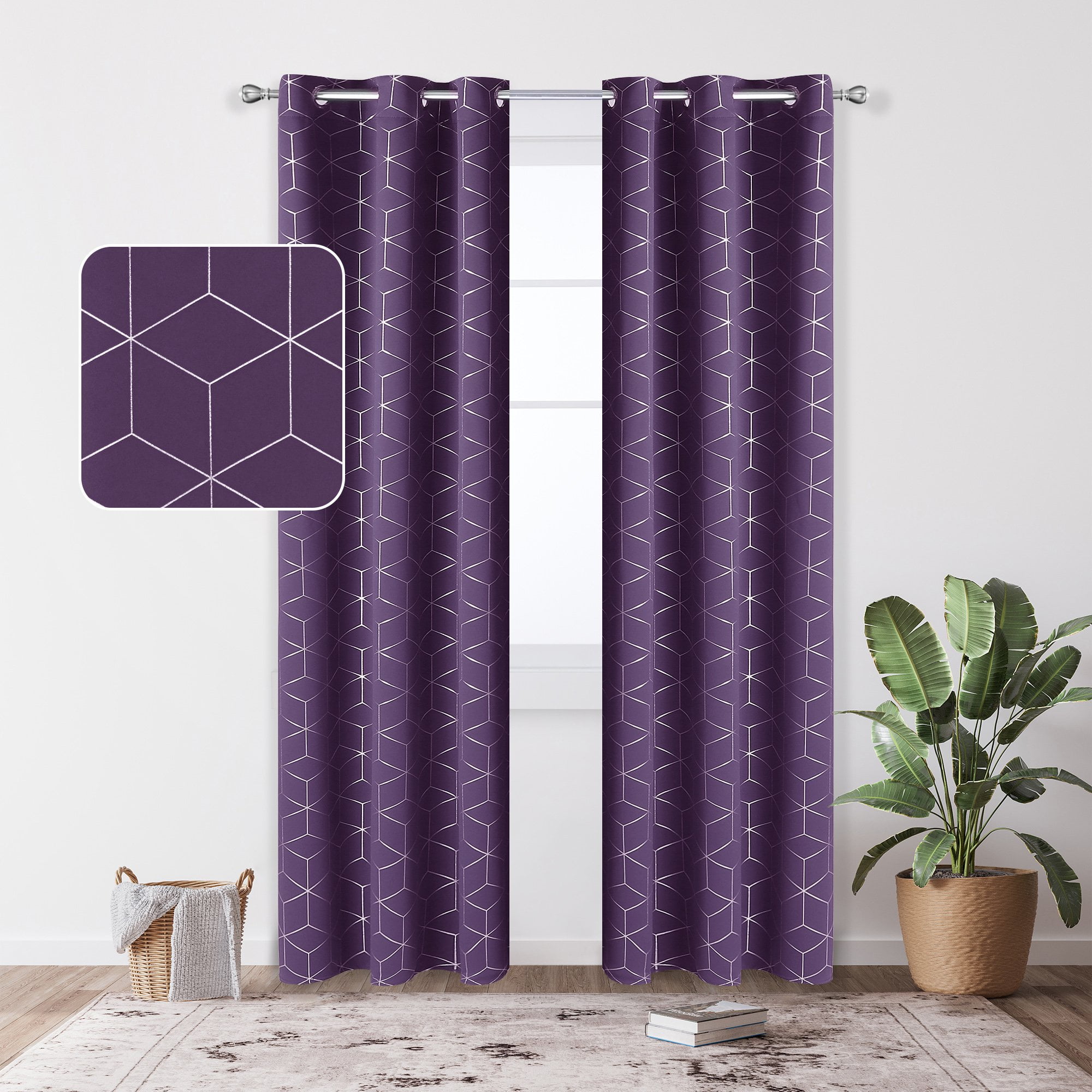 Deconovo Blackout Curtains for Living Room, Silver Diamond Foil Print ...