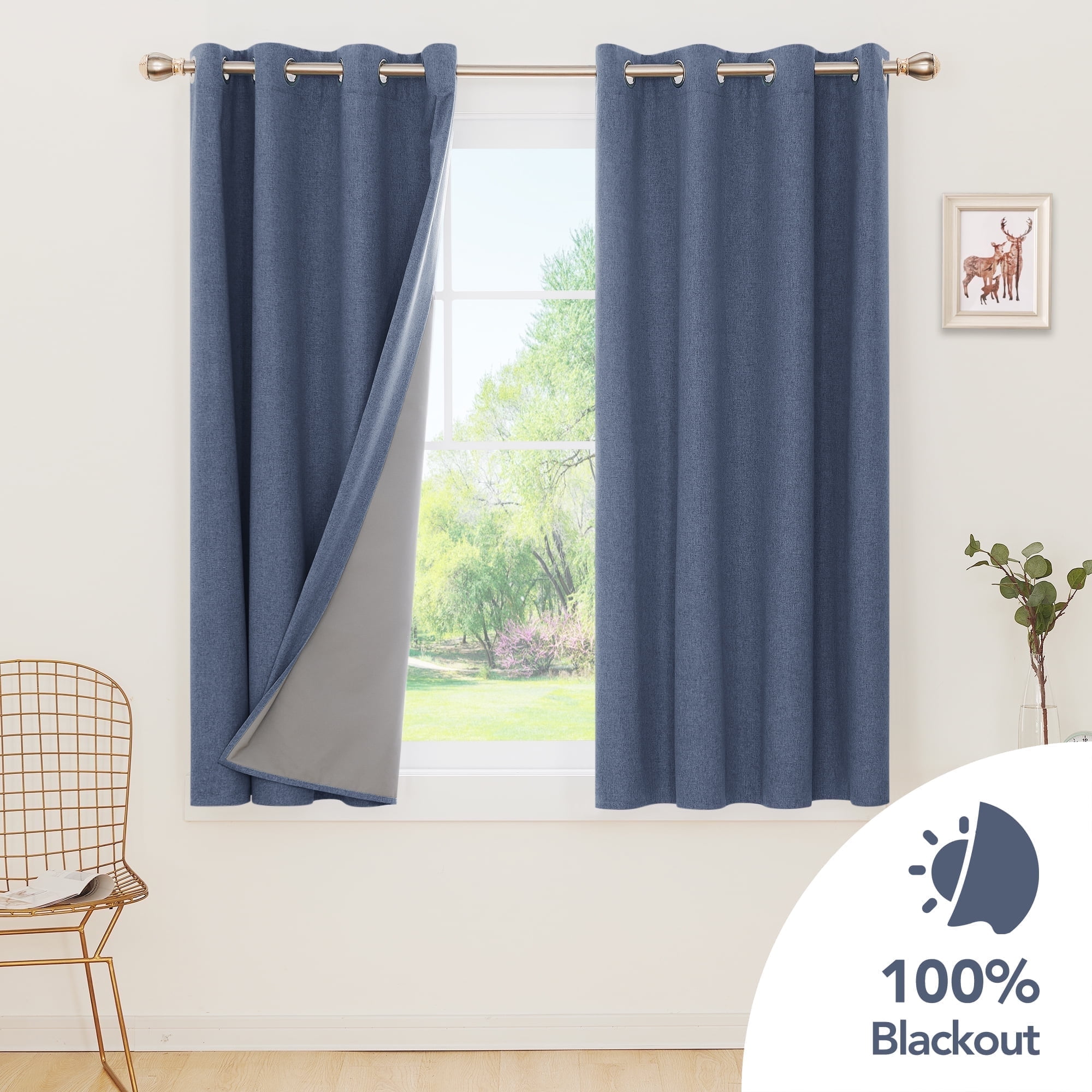 Deconovo Denim Blue Total Blackout Curtains 45 inch Length, Faux Linen ...