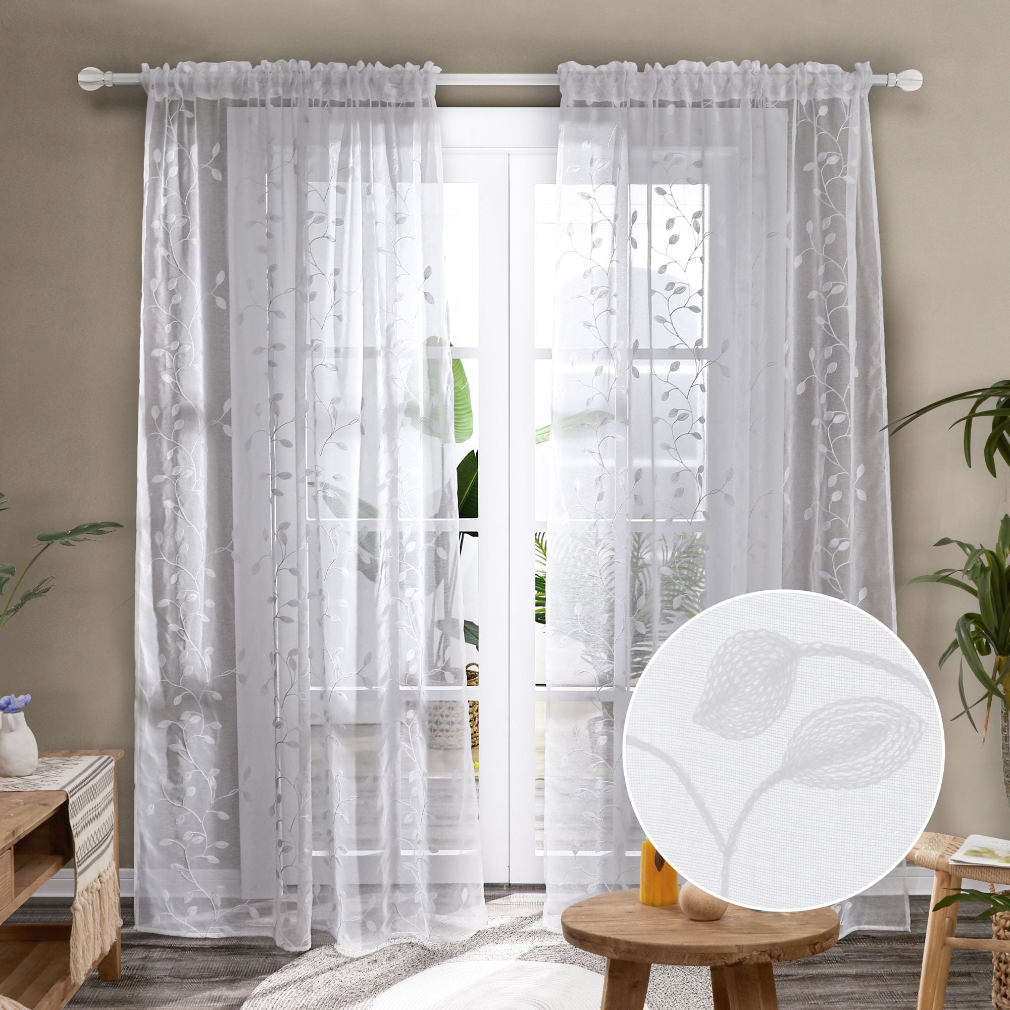 Deconovo White Sheer Linen Curtains, Floral Leaf Voile Drapes, 2 Panels ...