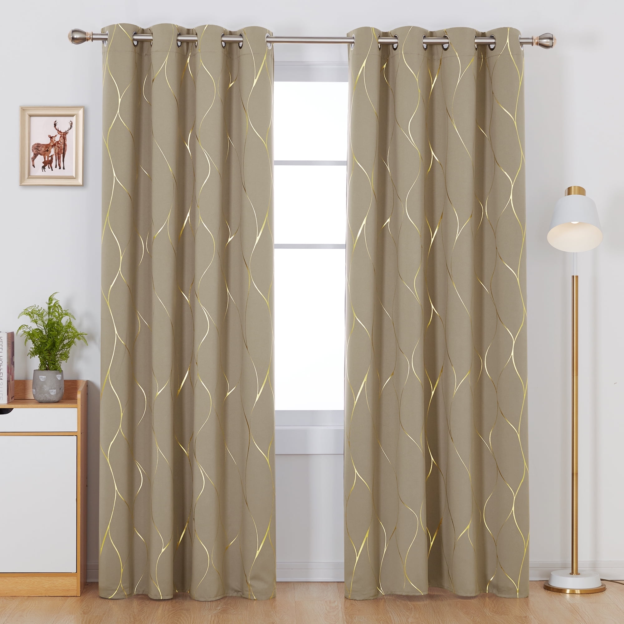 Deconovo Gold Wave Foil Print Blackout Curtains, 52W x 84L inch, Set of ...