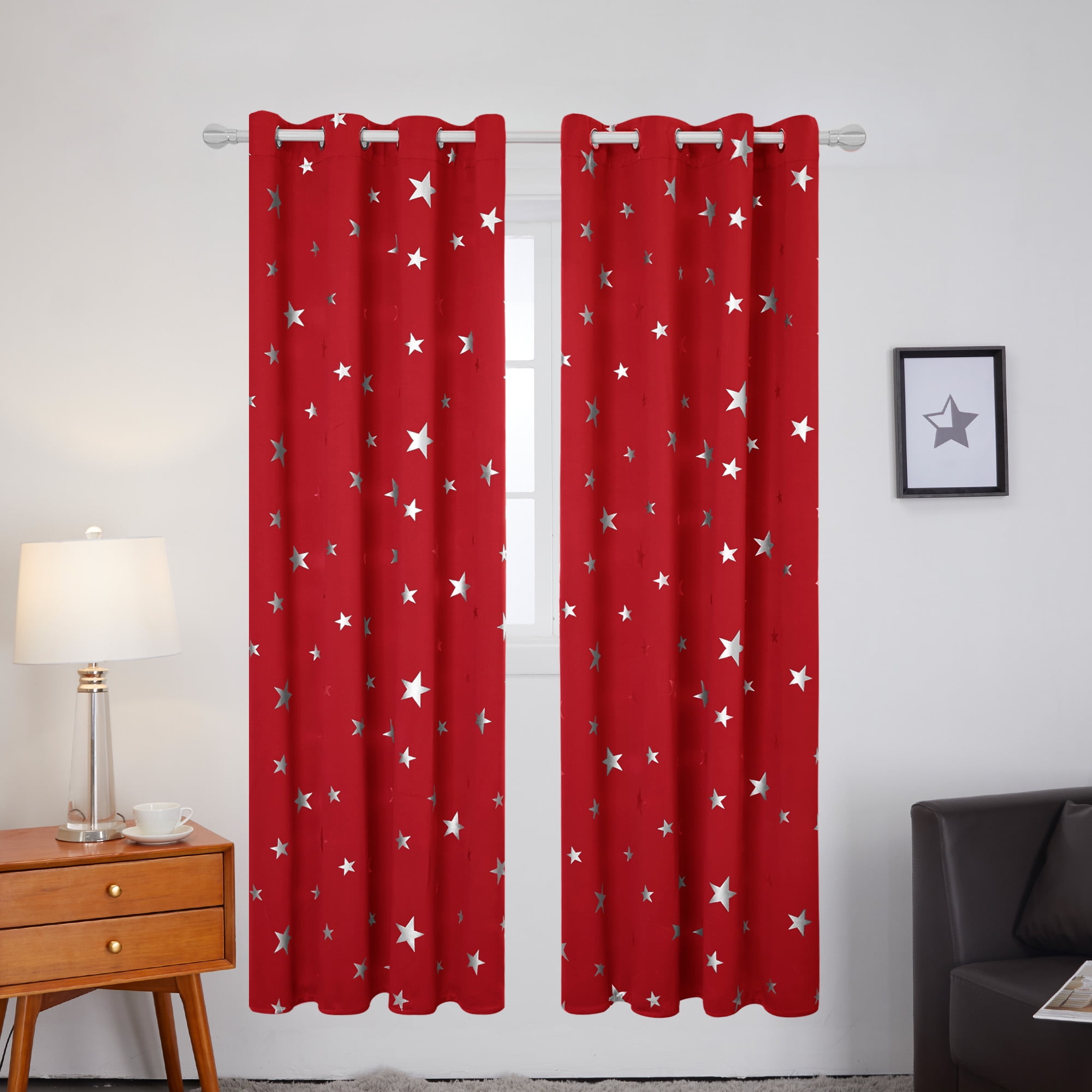 Deconovo Red Grommet Blackout Curtains, Star Foil Print, Energy Saving ...