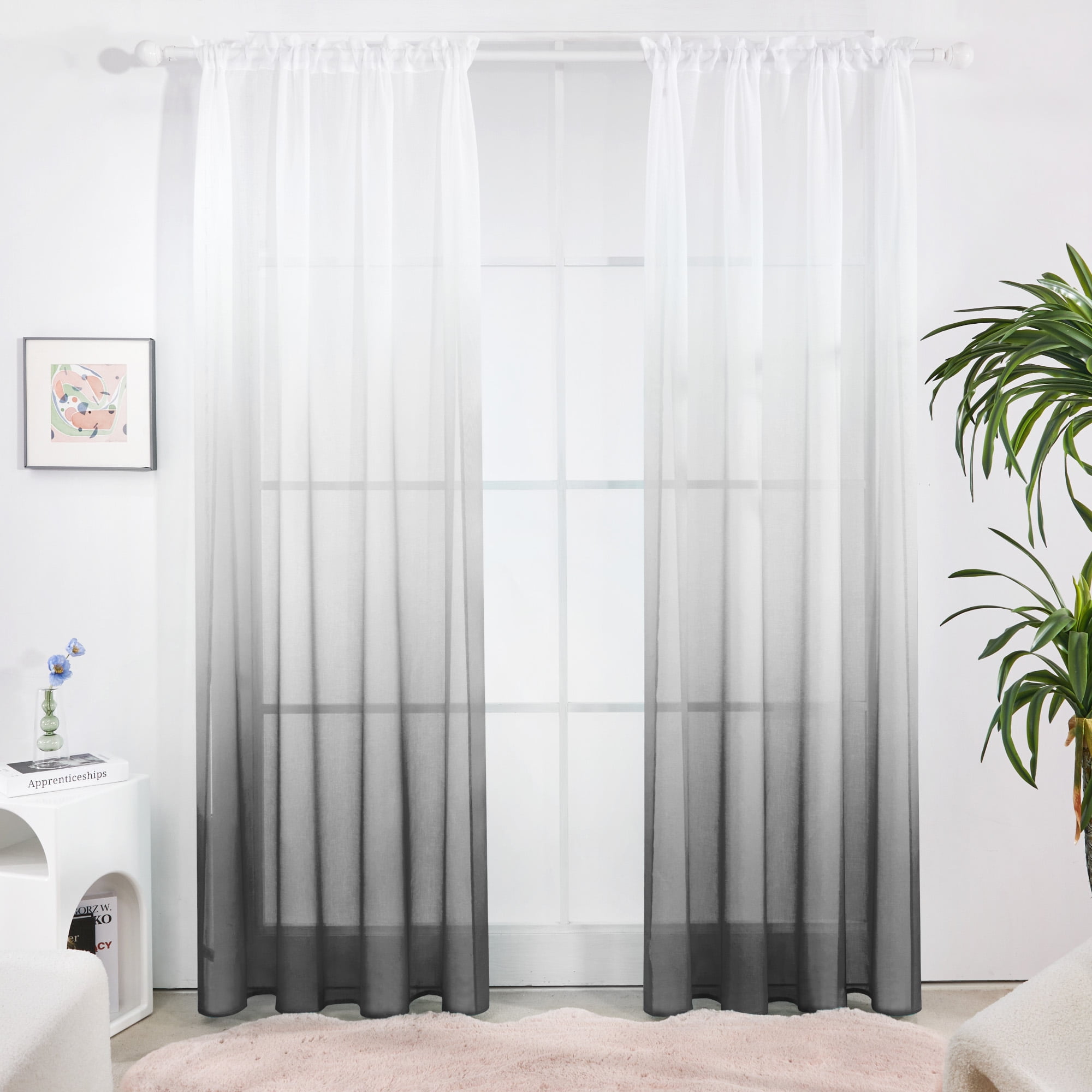 Deconovo Ombre Sheer Curtains, 2 Panels, 52x72 inch, Rod Pocket Gradient Linen Voile, Dark Gray ...