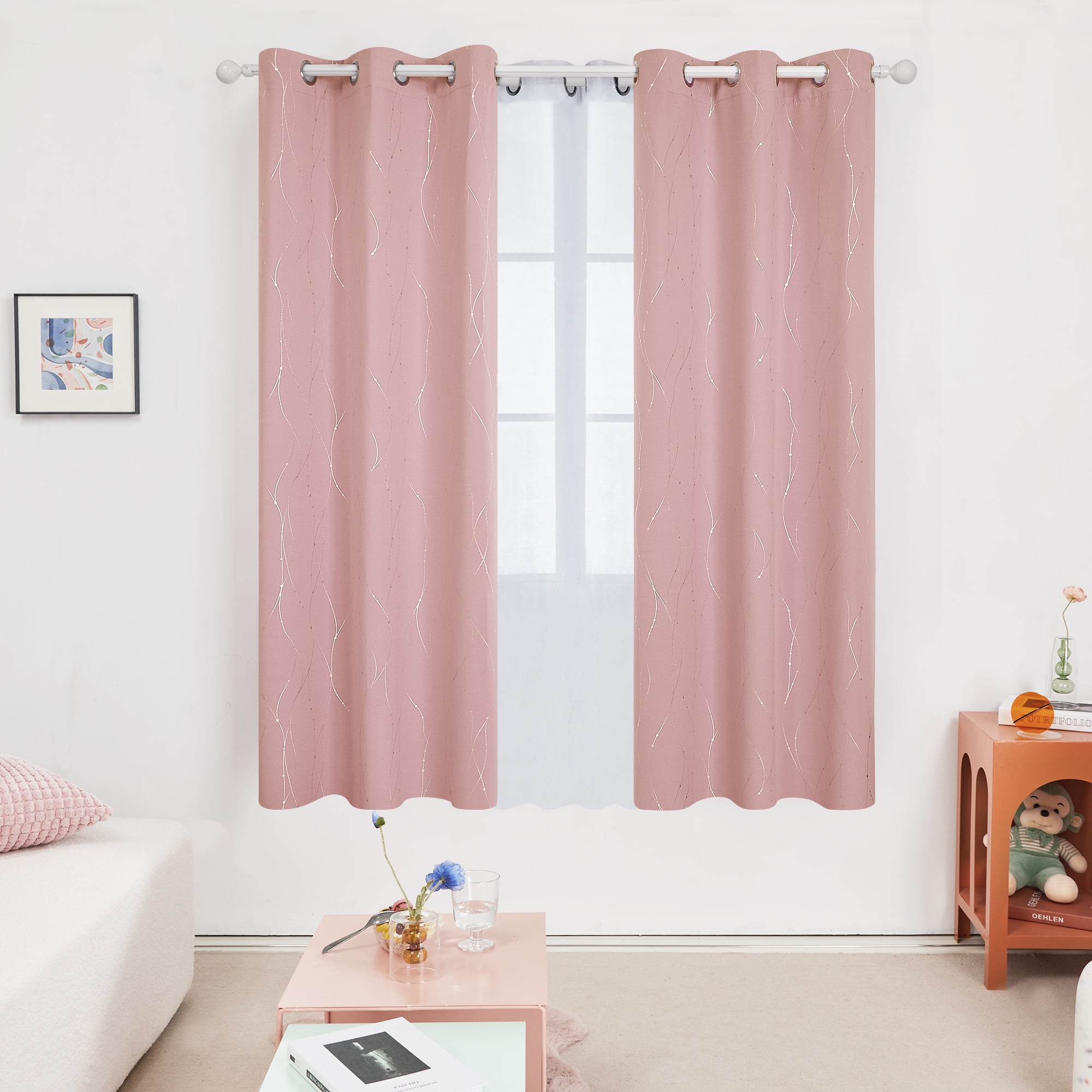 Deconovo Patterned Blackout Pink Curtains, Wave Line with Dots Pattern ...