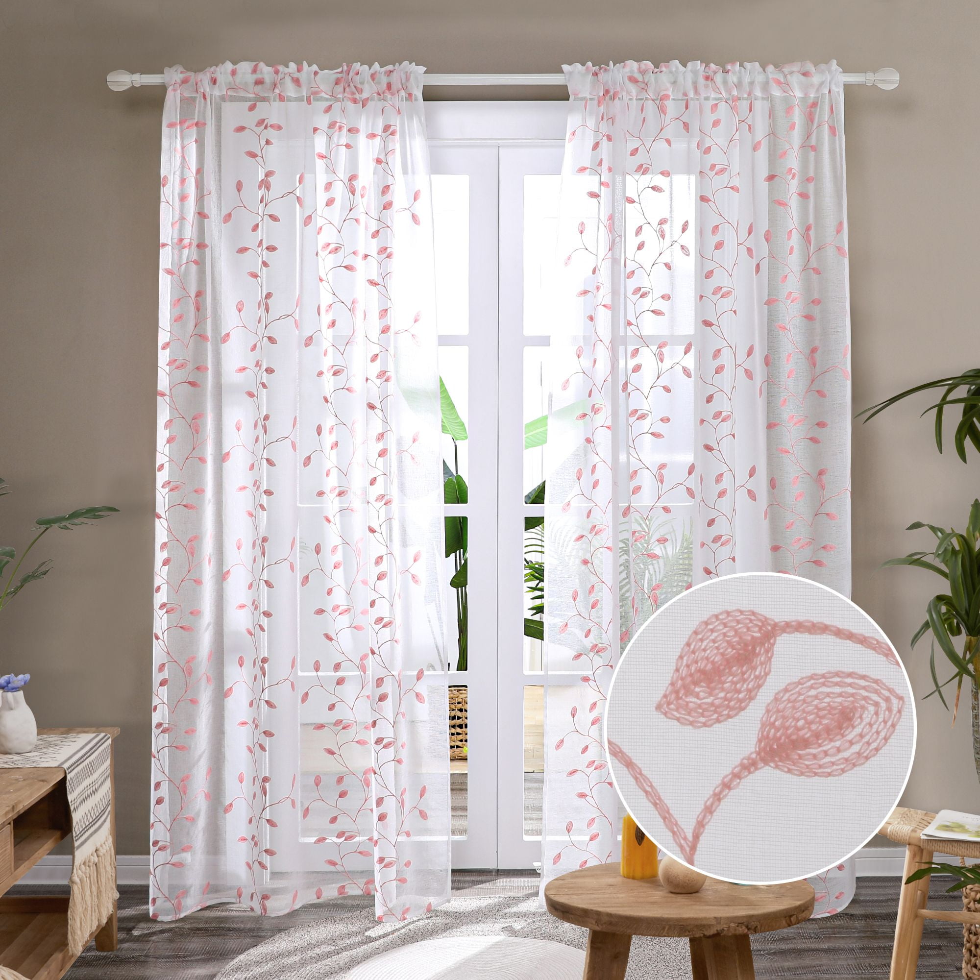 Deconovo Sheer Curtains 63 inch Length, Floral Embroidered Leaf Pattern ...