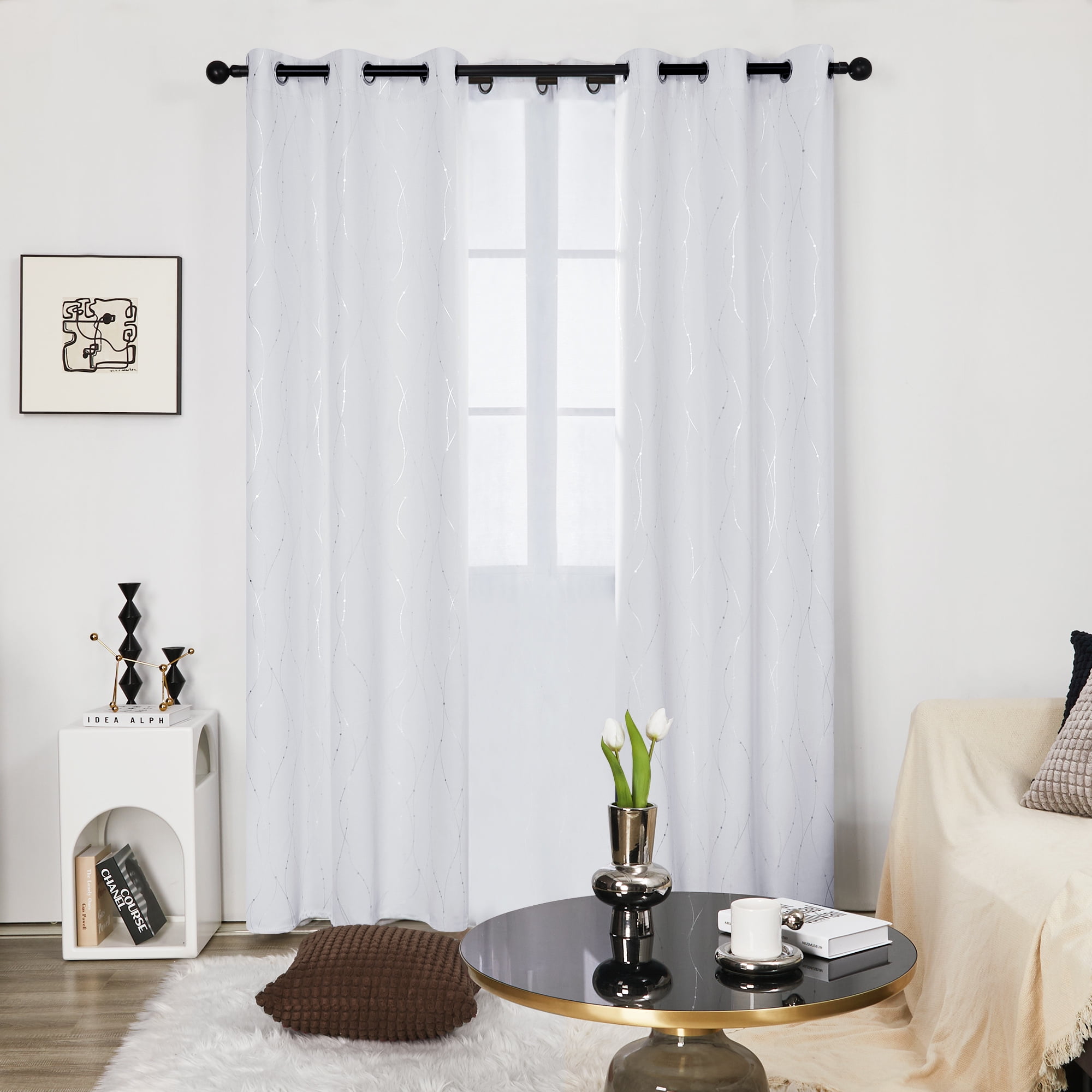 Deconovo Silver Printed Blackout Curtains - 2 Panels, Wave Dots Pattern ...