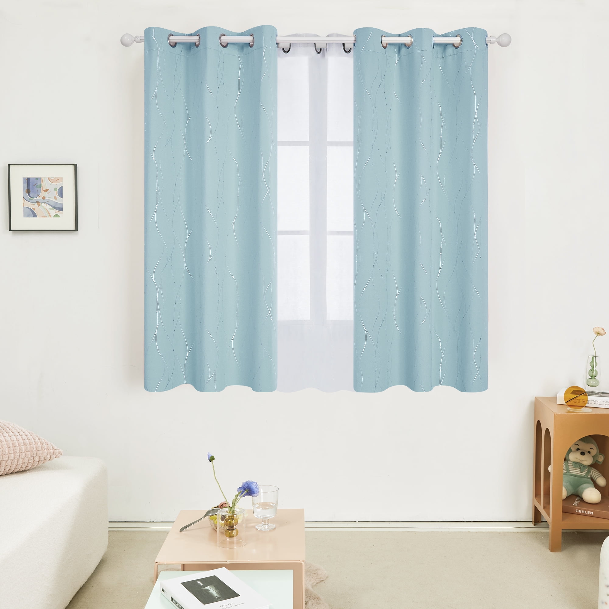 Deconovo Silver Printed Blackout Curtains - 2 Panels, Wave Dots Pattern ...