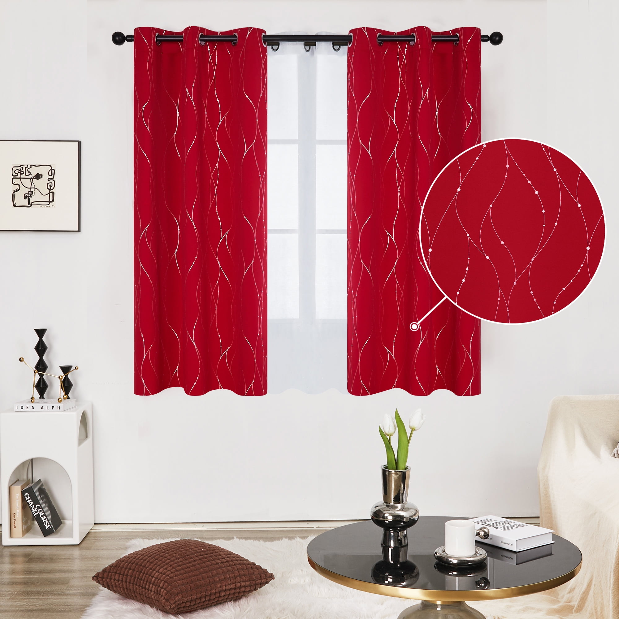 Deconovo Silver Printed Blackout Curtains - 2 Panels, Wave Dots Pattern ...
