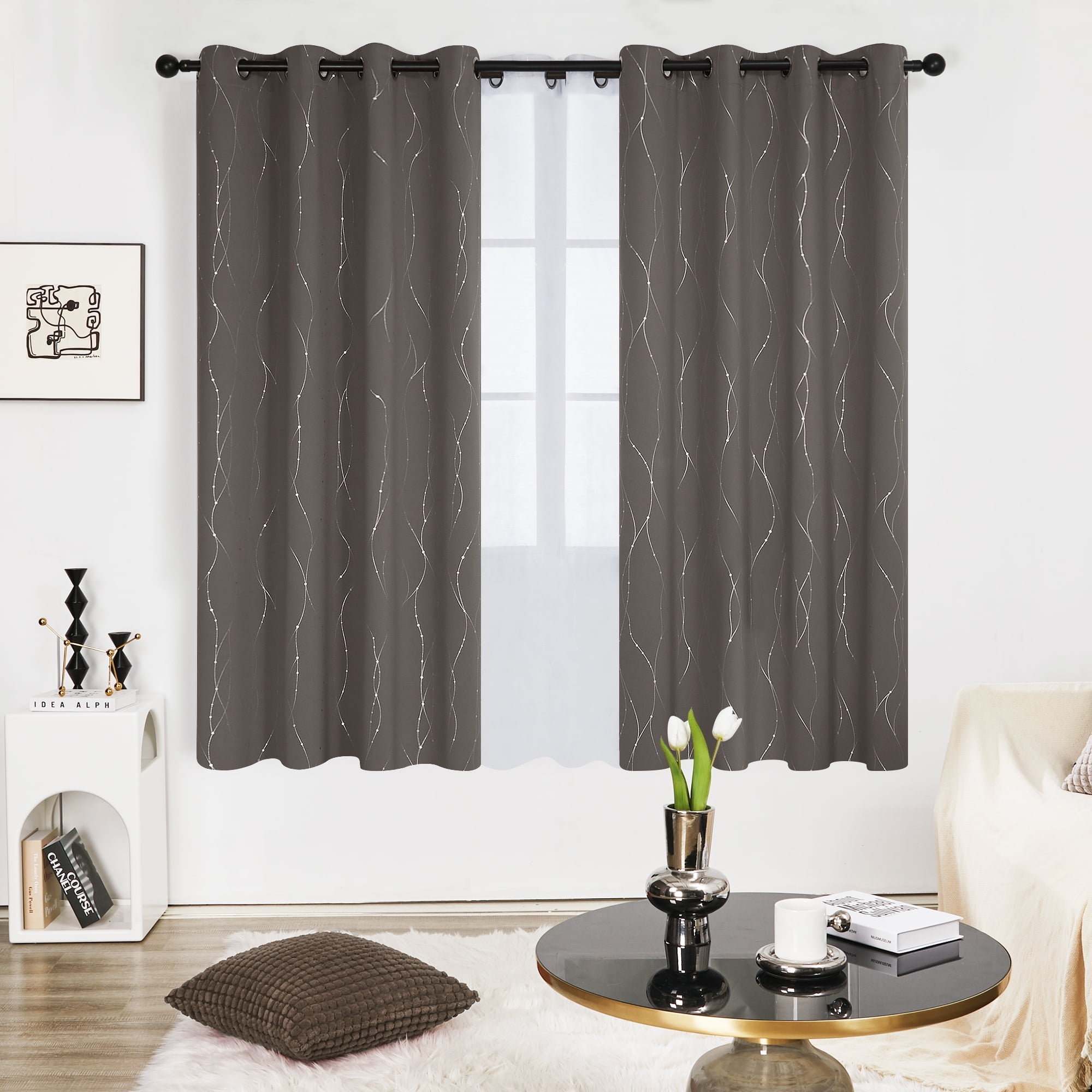 Deconovo Silver Printed Blackout Curtains - 2 Panels, Wave Dots Pattern ...
