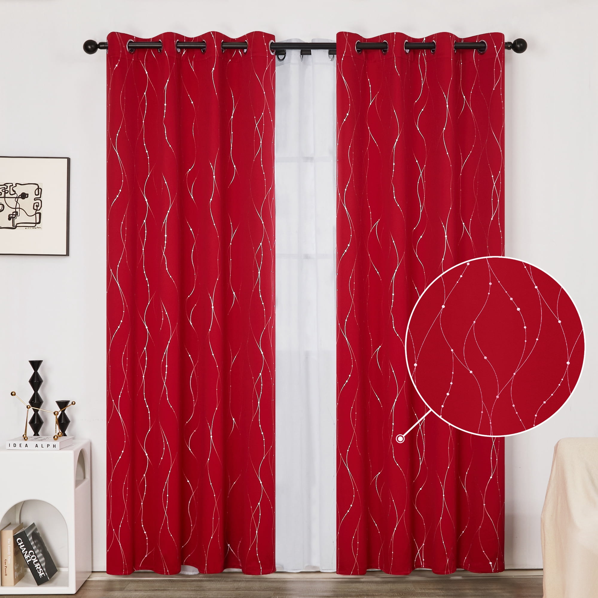 Deconovo Thermal Insulated Blackout Curtains - Dark Red, Wave Line with ...