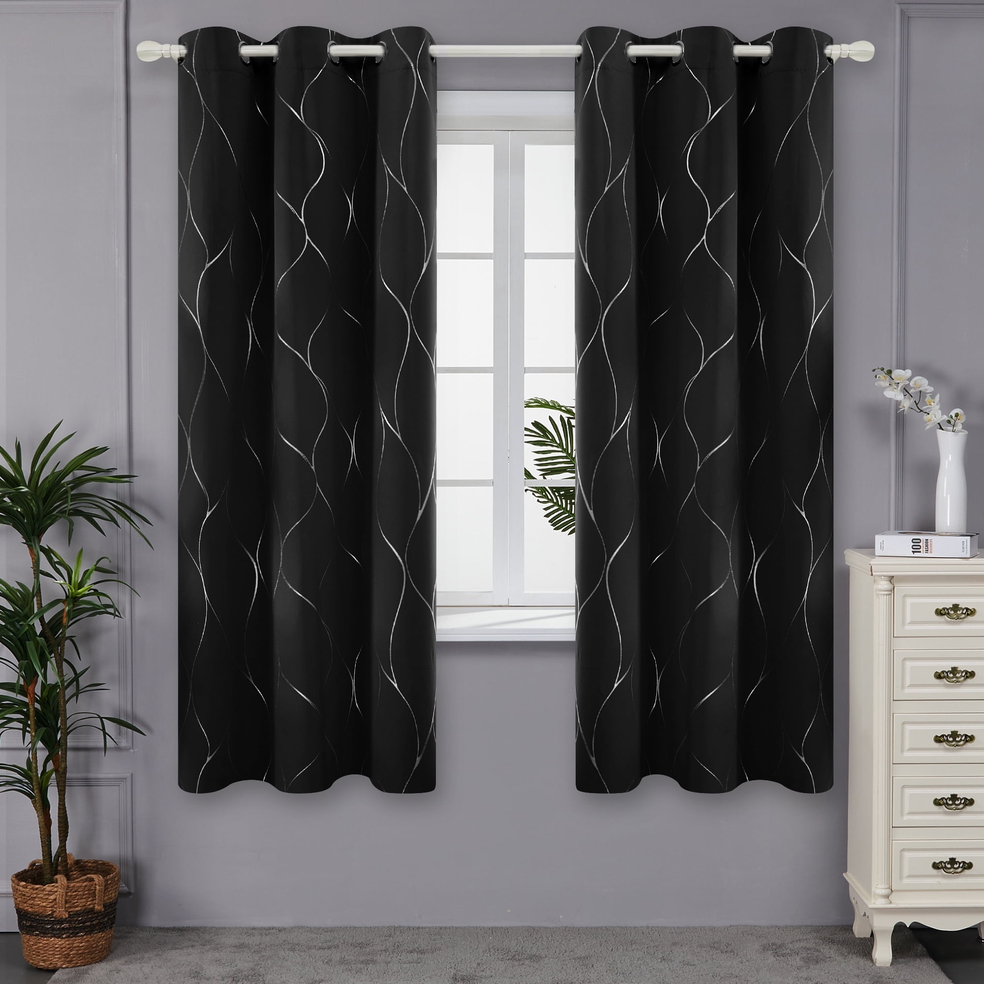 Deconovo Silver Wave Foil Print Blackout Curtain for Living Room, 42W x ...