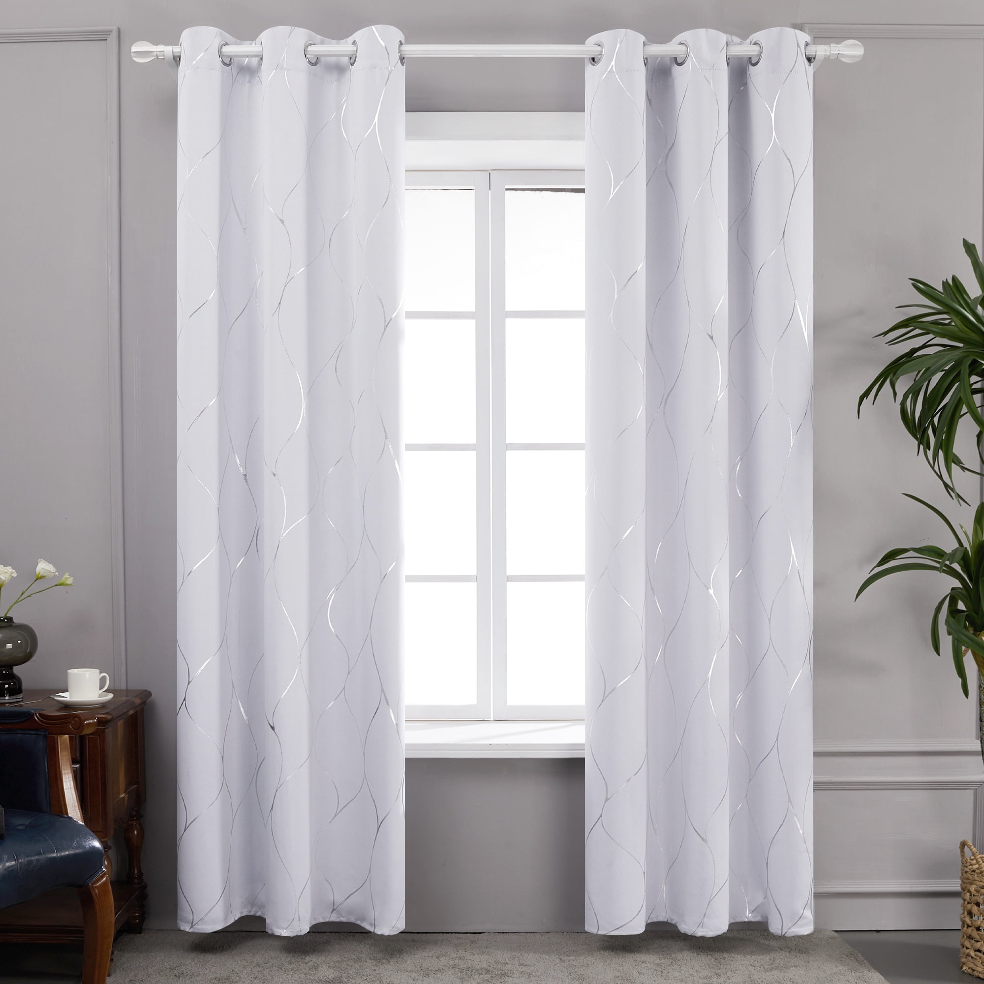 Deconovo Silver Wave Foil Print Blackout Curtain for Living Room, 42W x ...