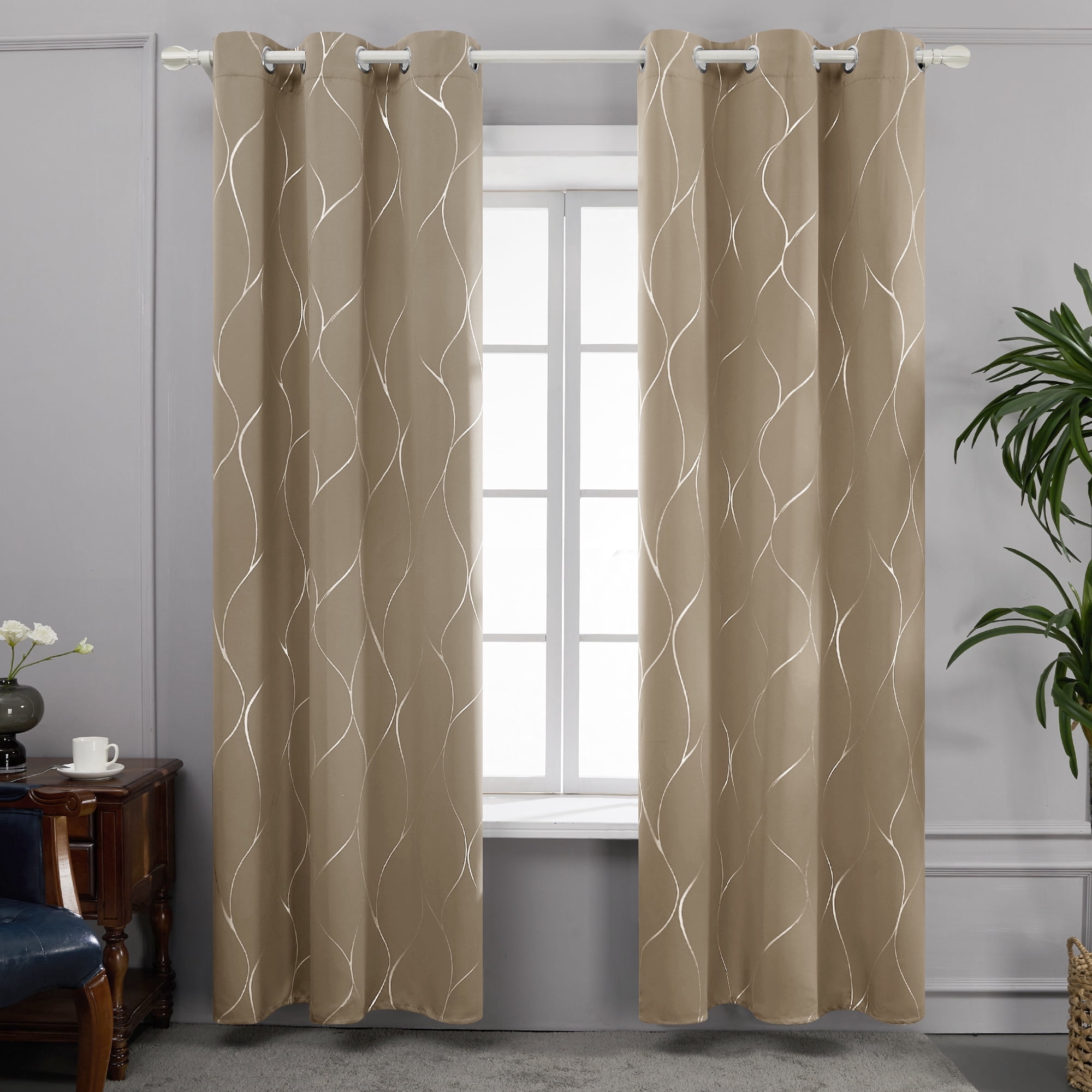Deconovo Silver Wave Foil Print Blackout Curtain for Living Room, 42W x ...