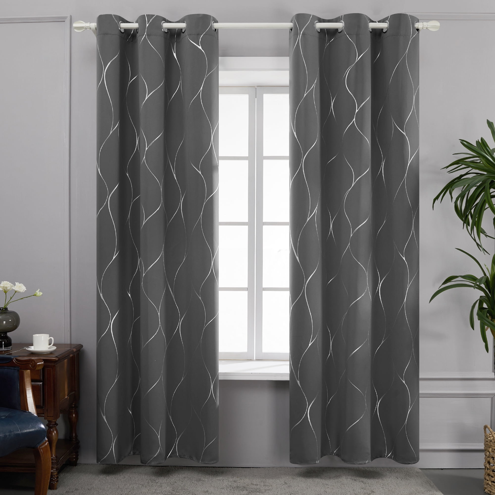 Deconovo Silver Wave Foil Print Blackout Curtains, 42W x 84L inch, 2 ...