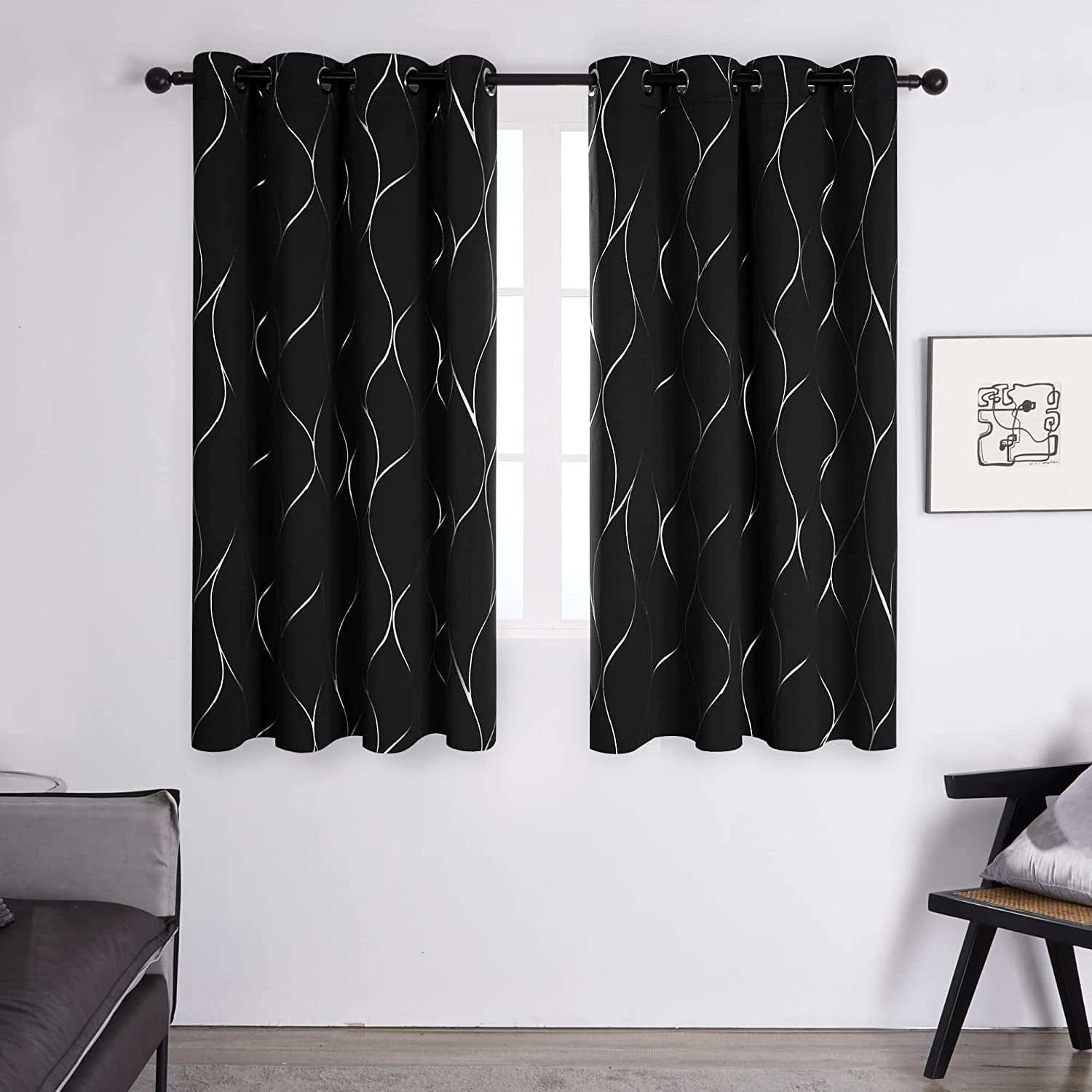 Deconovo Silver Wave Foil Print Blackout Curtain for Living Room, 52W x ...