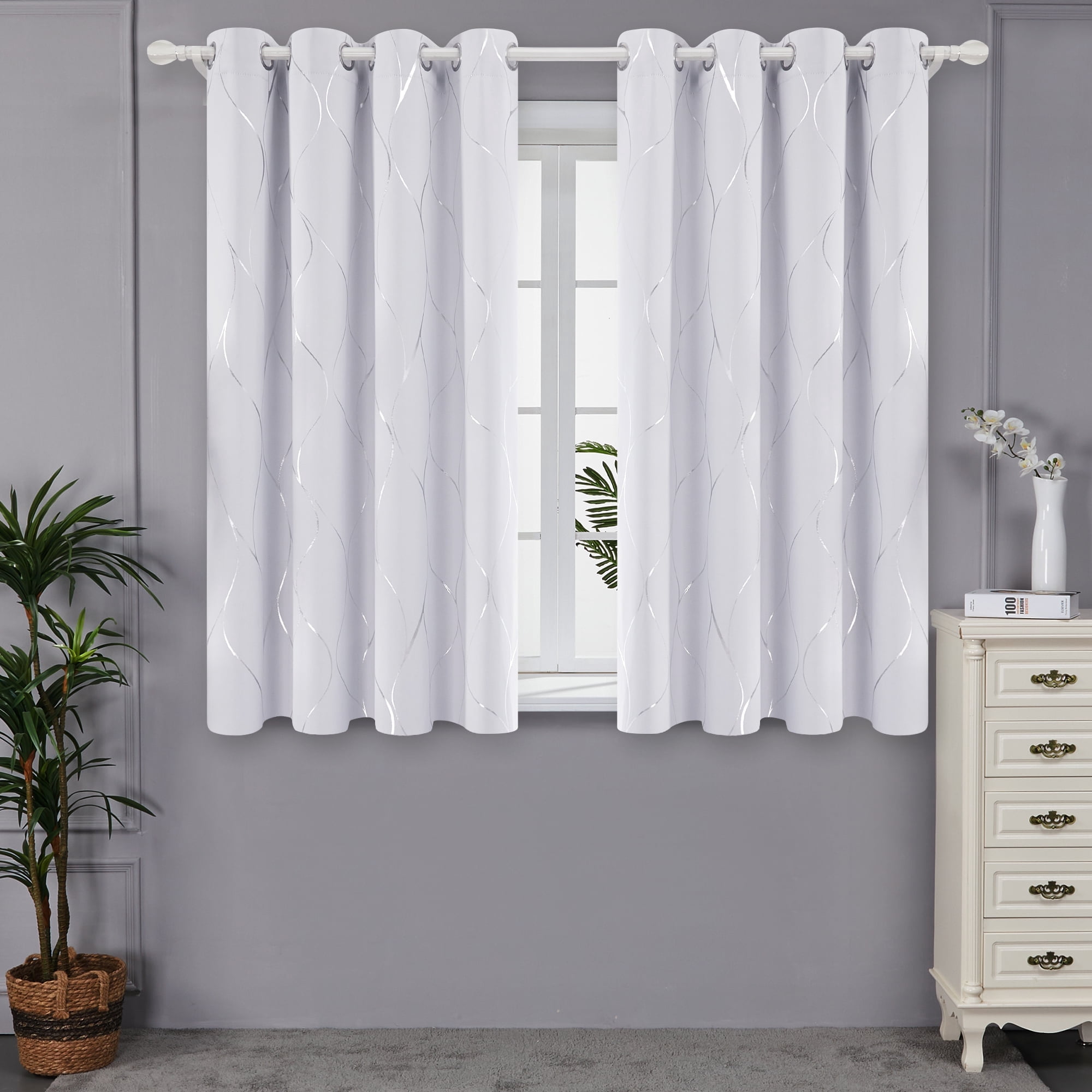 Deconovo Silver Wave Foil Print Blackout Curtain for Living Room, 52W x ...