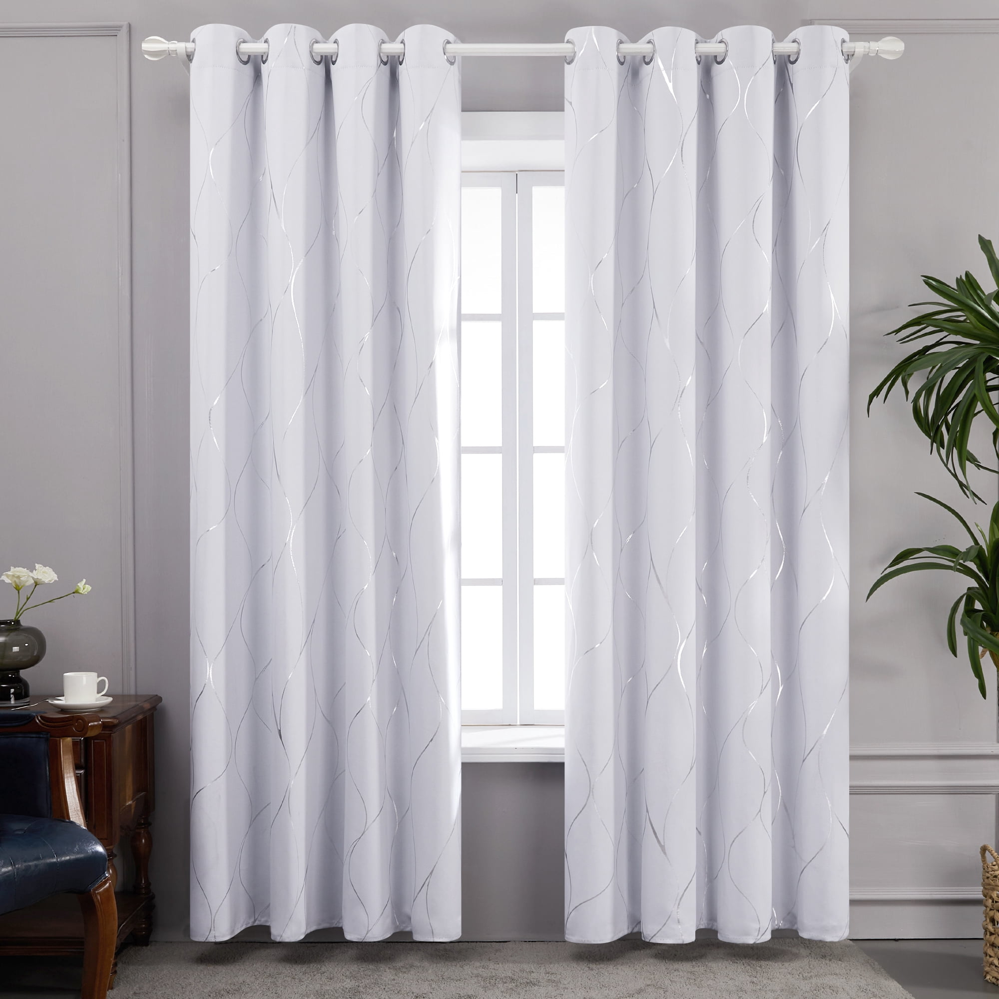 Deconovo Silver Wave Foil Print Blackout Curtain for Living Room, 52W x ...