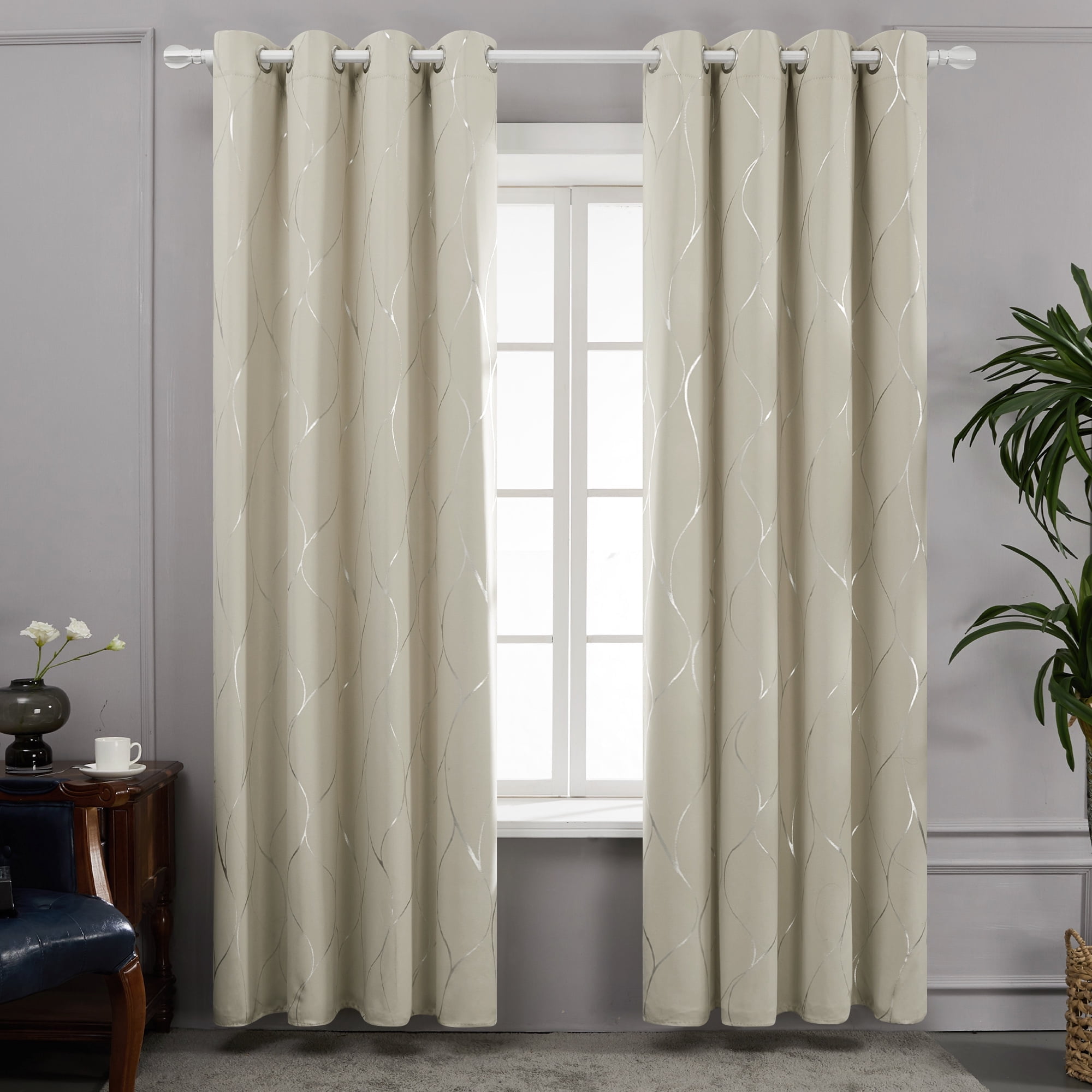 Deconovo Silver Wave Foil Print Blackout Curtains, 52W x 84L inch, 2 ...