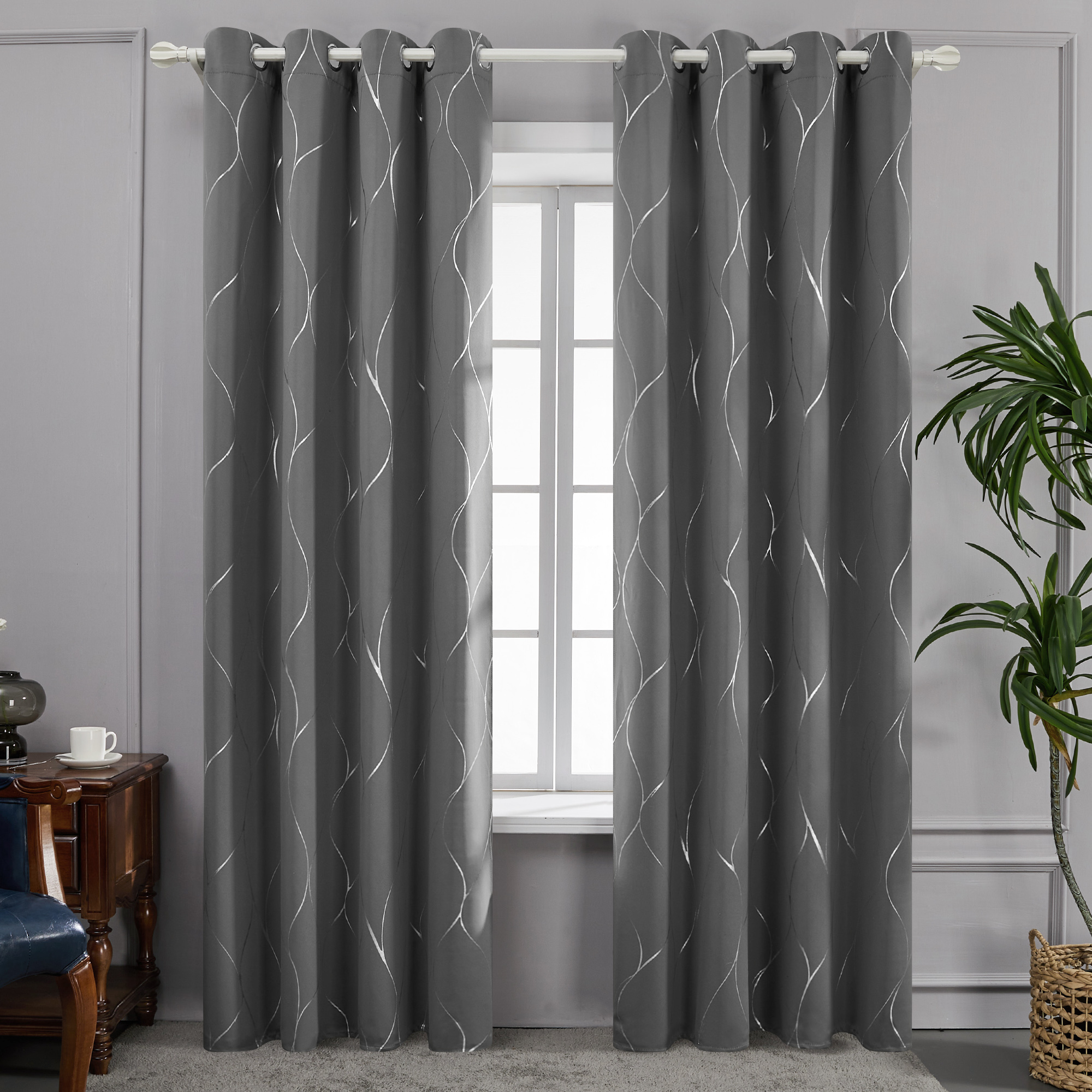 "Deconovo Grommet Room Darkening Curtains, Wave Line Foil Printed ...