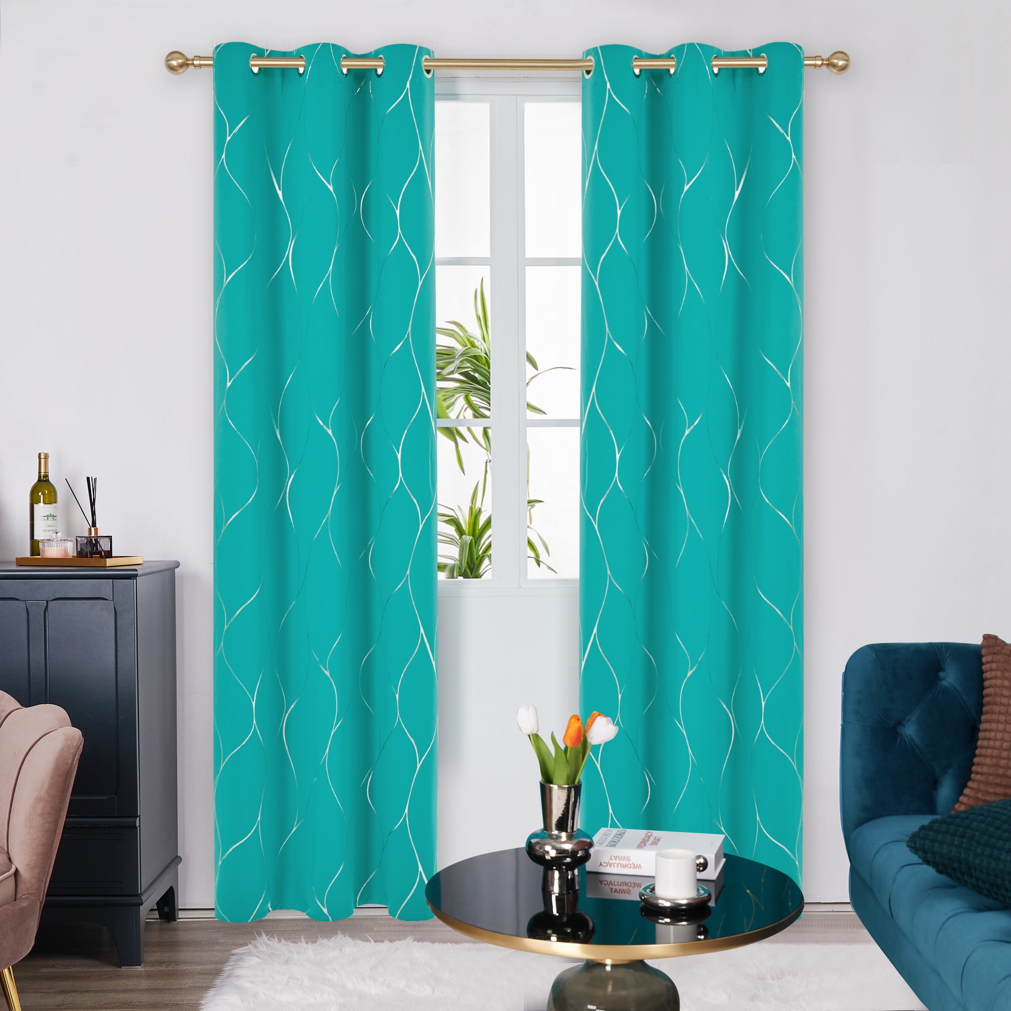 Deconovo Silver Wave Foil Print Blackout Curtains Grommet Light ...