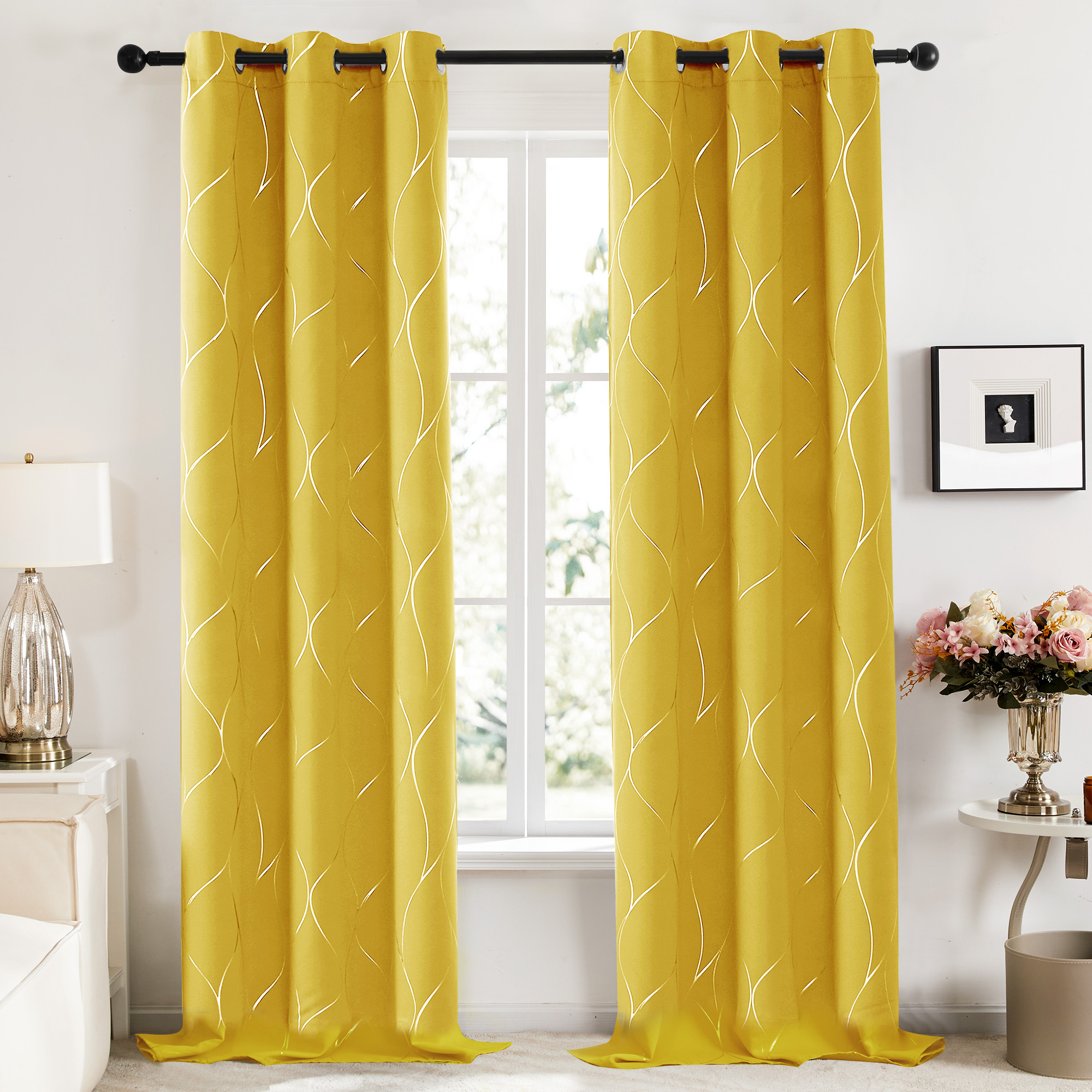 Deconovo Silver Wave Foil Print Blackout Curtains Grommet Light ...