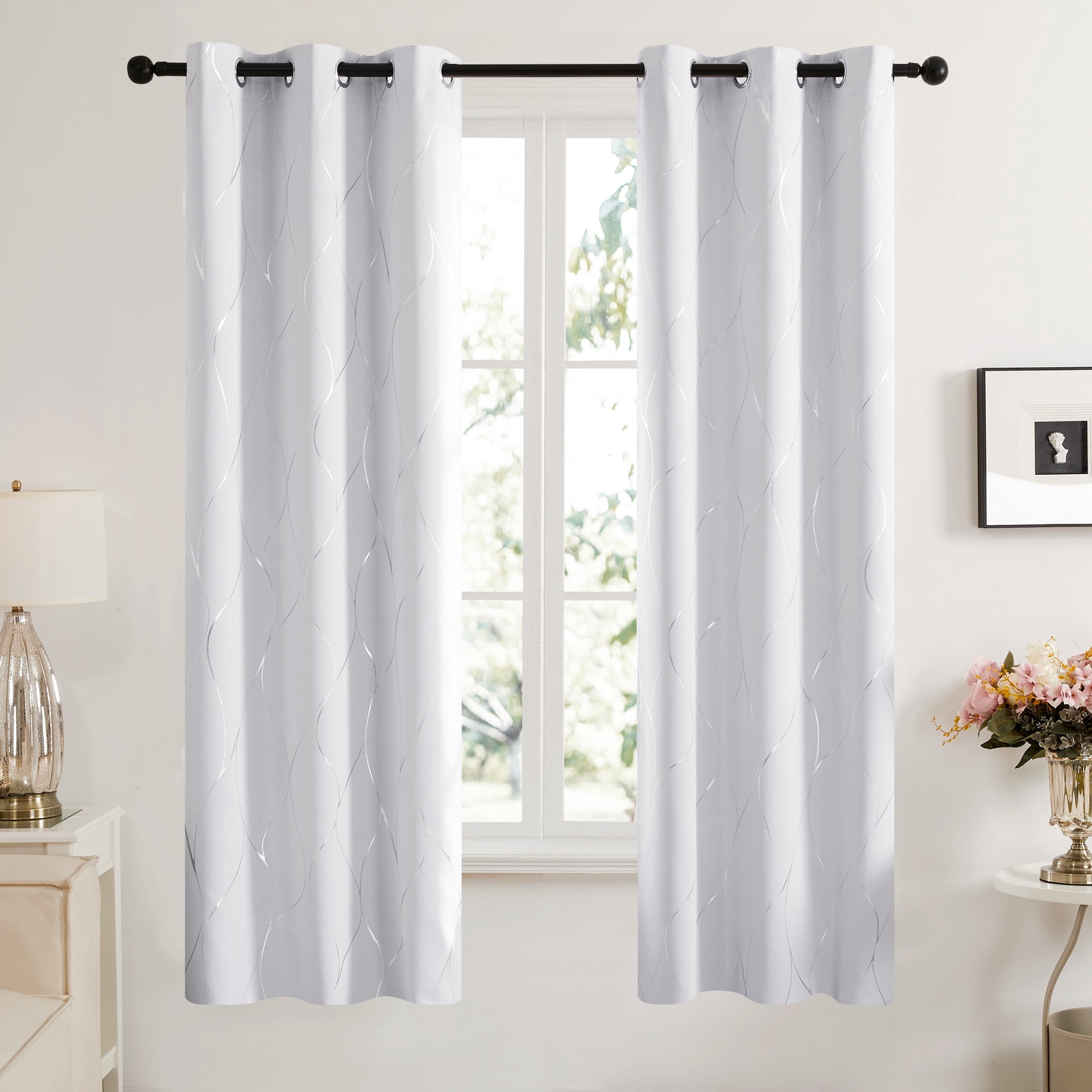 Deconovo Silver Wave Foil Printed Blackout Curtains for Bderoom, Set of ...