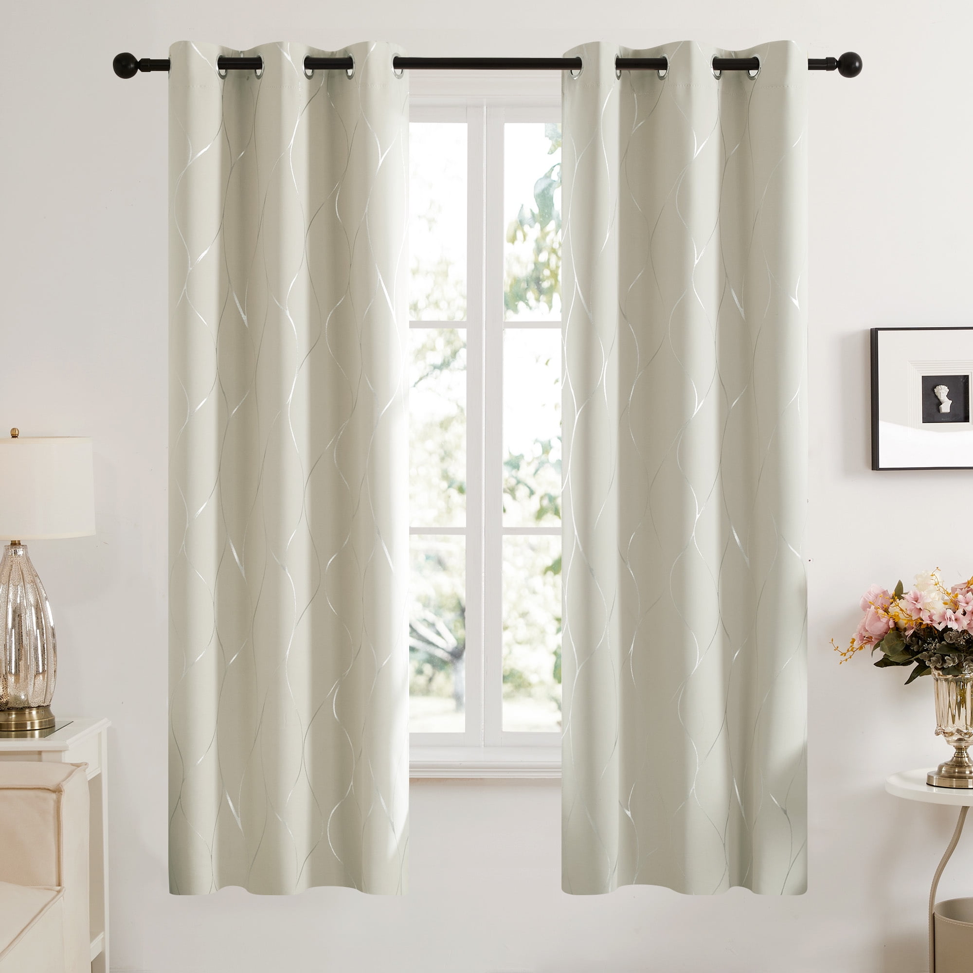 Deconovo Silver Wave Foil Printed Blackout Curtains, Light Beige ...