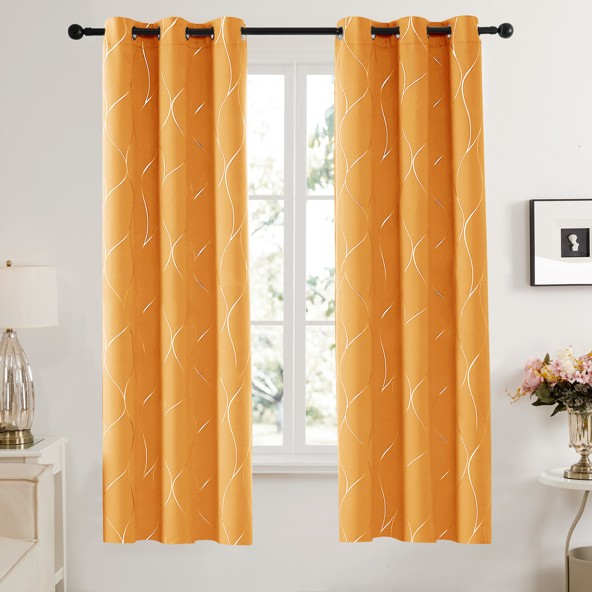 Deconovo Silver Wave Foil Printed Blackout Curtains Room Darkening ...